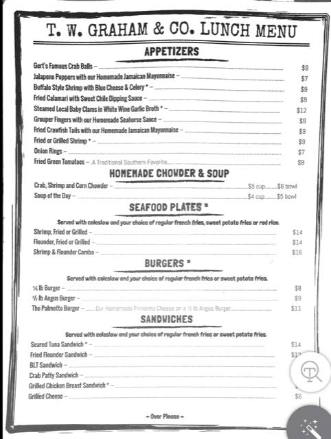 Menu at T W Graham & Co restaurant, McClellanville