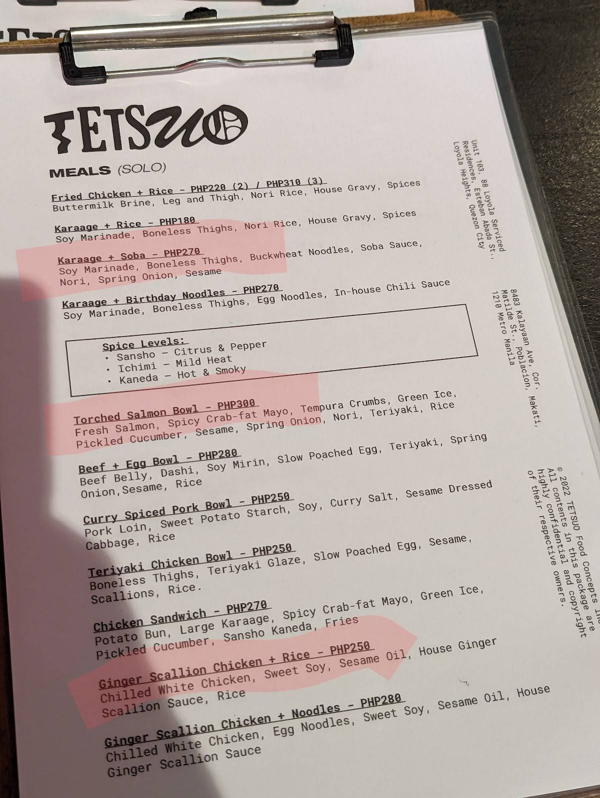 Menu at TETSUO restaurant, Quezon City