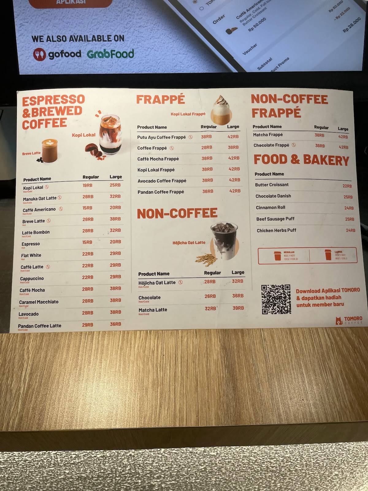Menu at TOMORO COFFEE - Sabang, Central Jakarta