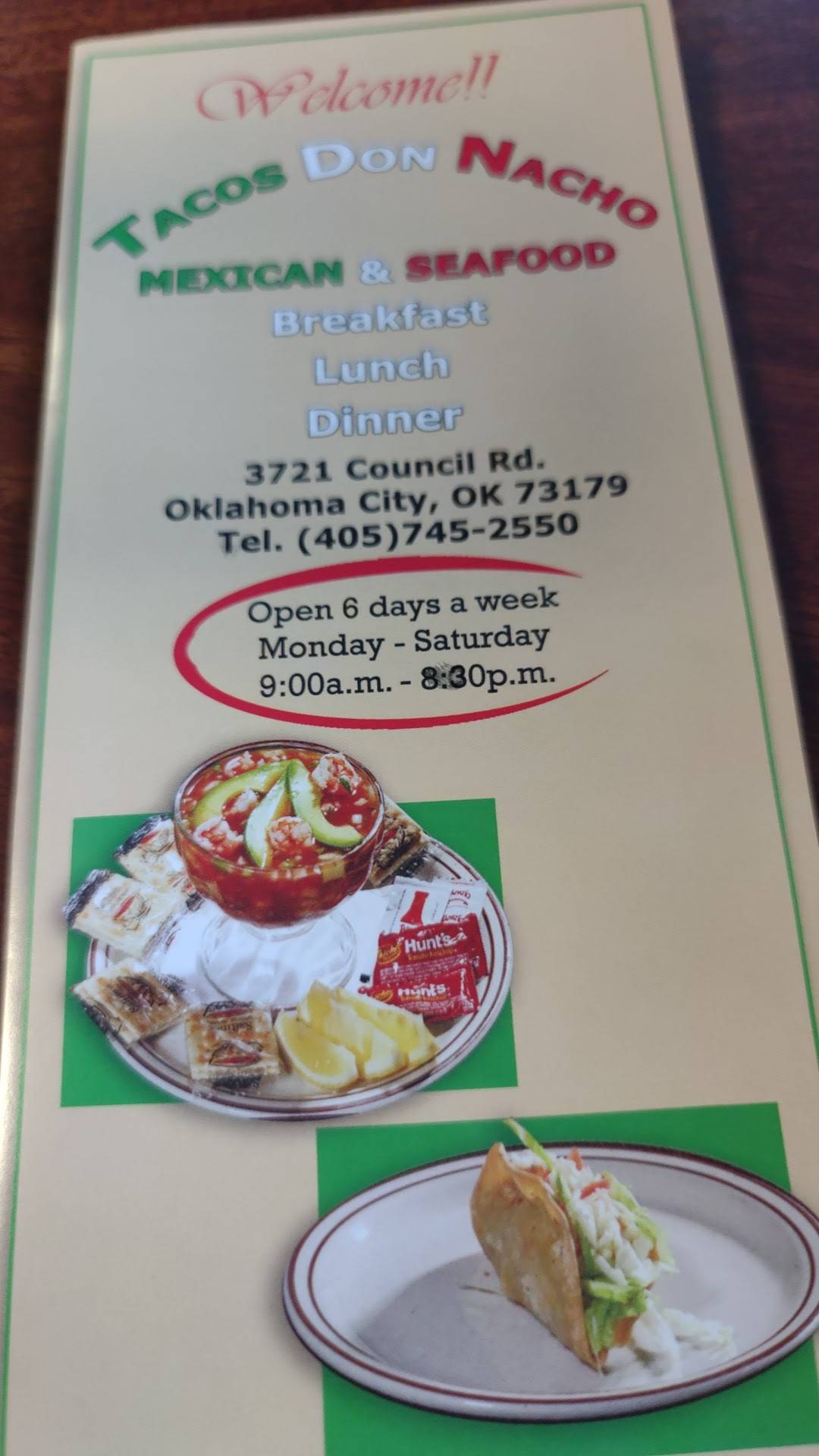 Menu at Tacos Don Nacho restaurant, Oklahoma City