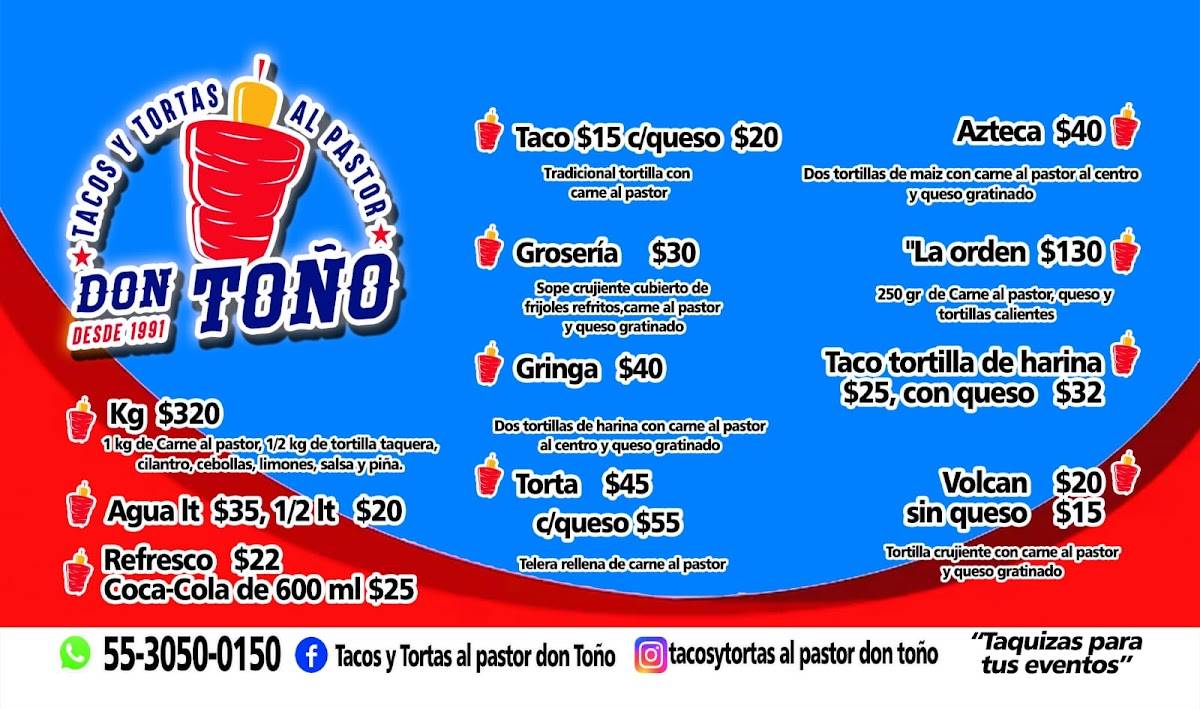 Menu at Tacos y tortas al Pastor Don Toño restaurant, Mexico