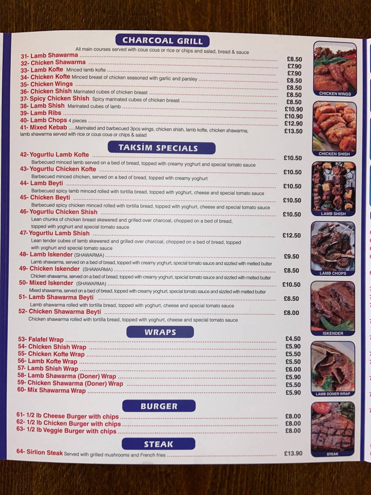 Menu at Taksim Restaurant, Coventry
