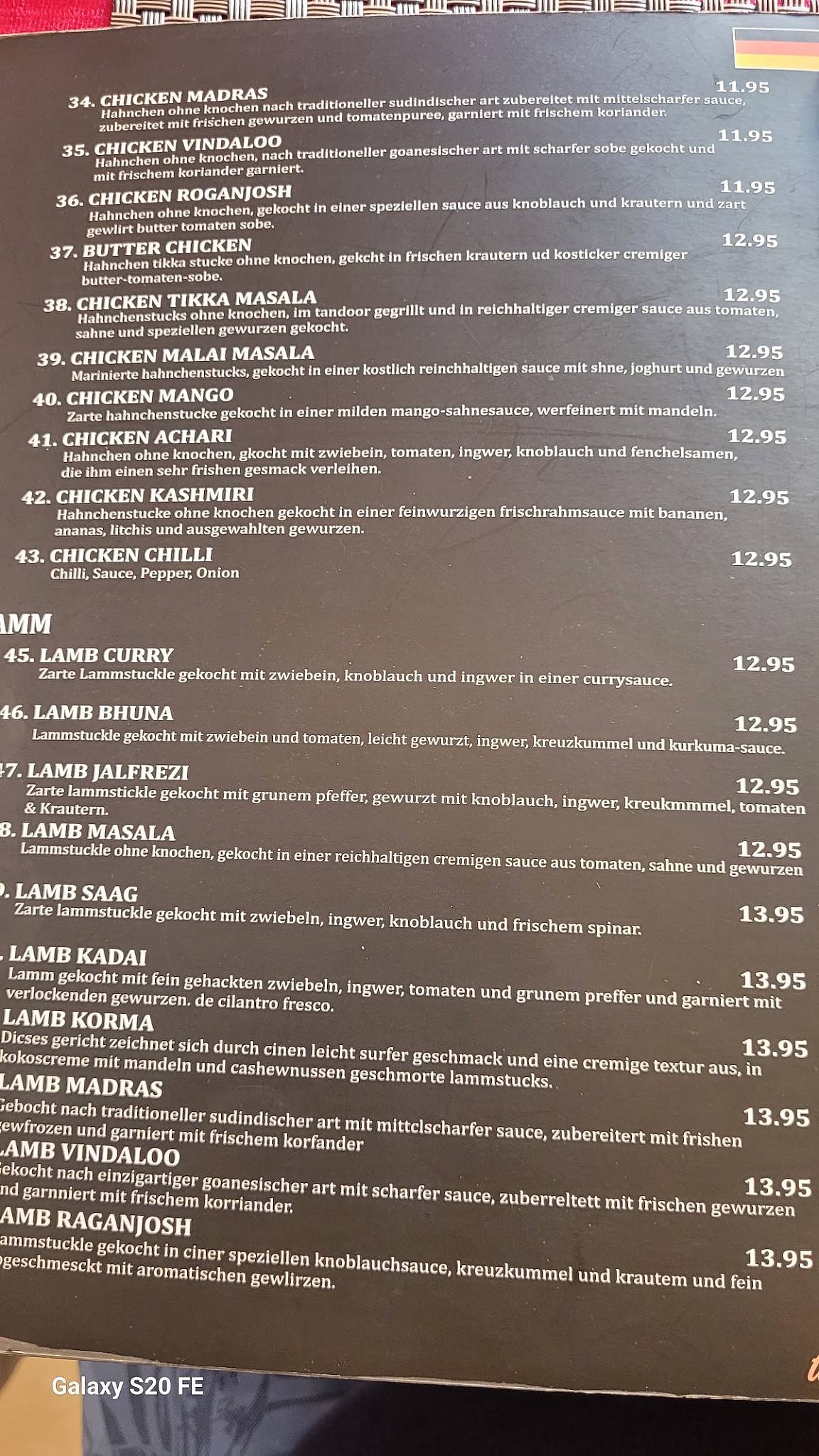 Menu at Tandoor restaurant, El Arenal