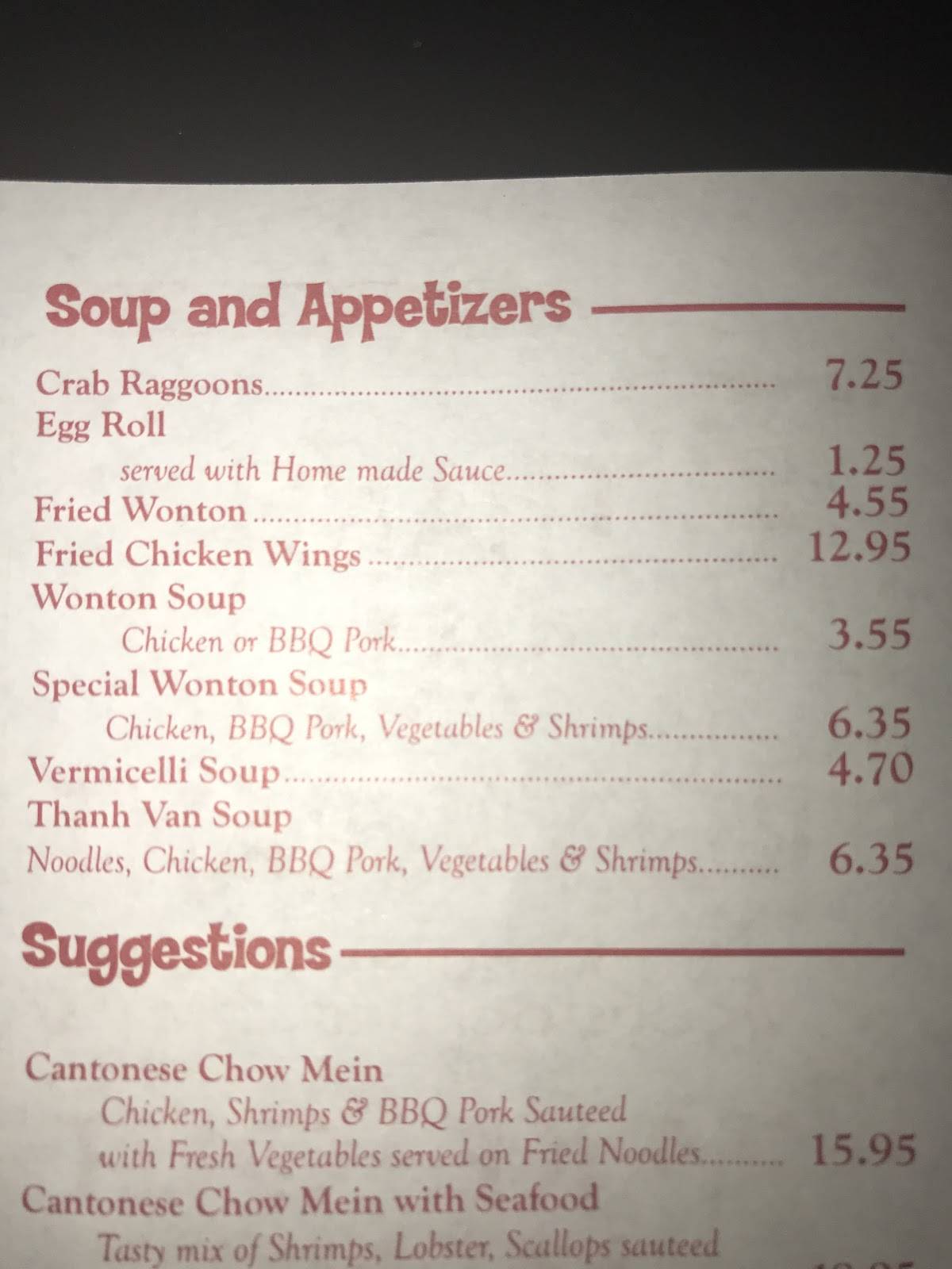 Menu at Thanh Van restaurant, Woodstock