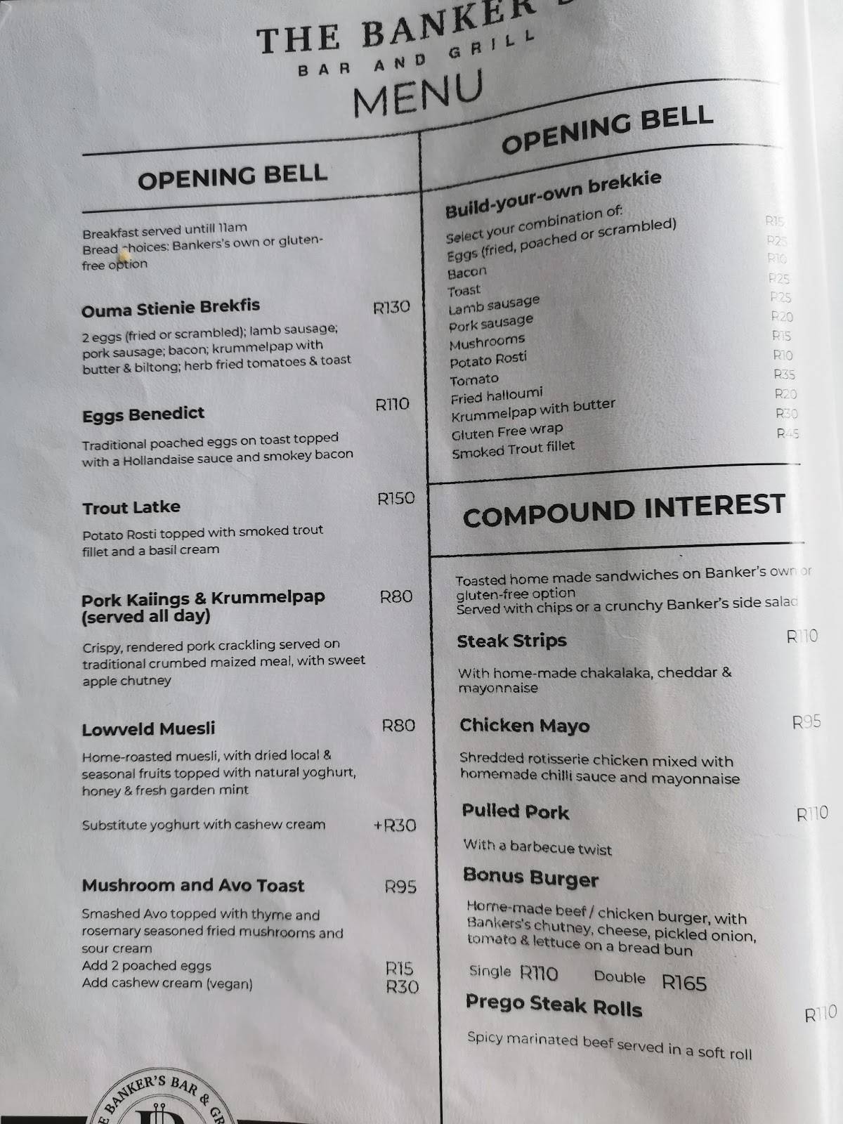 Menu at The Banker's Bar and Grill, Dullstroom