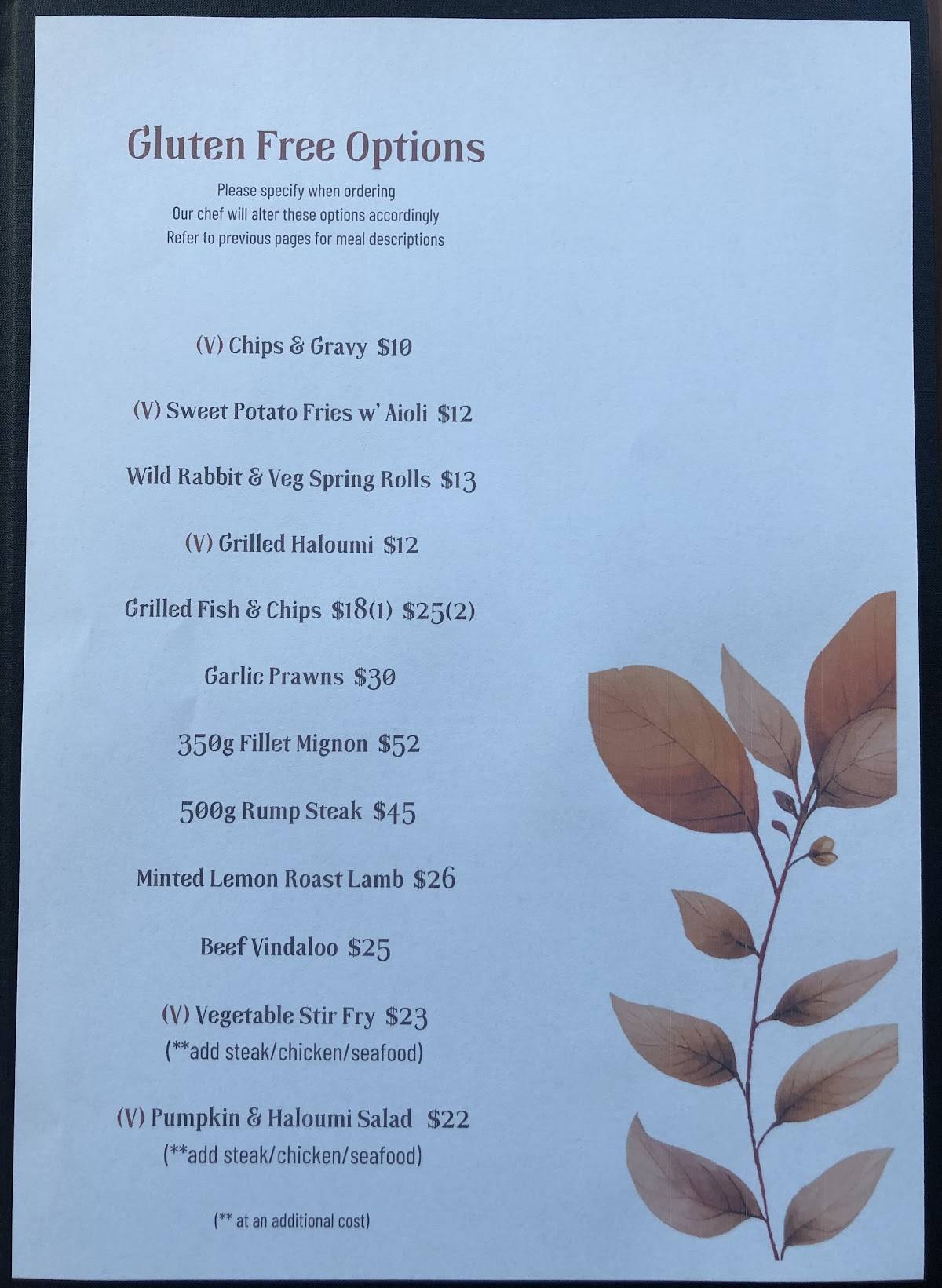 Menu at The Blacksmith's Inn restaurant, One Tree Hill