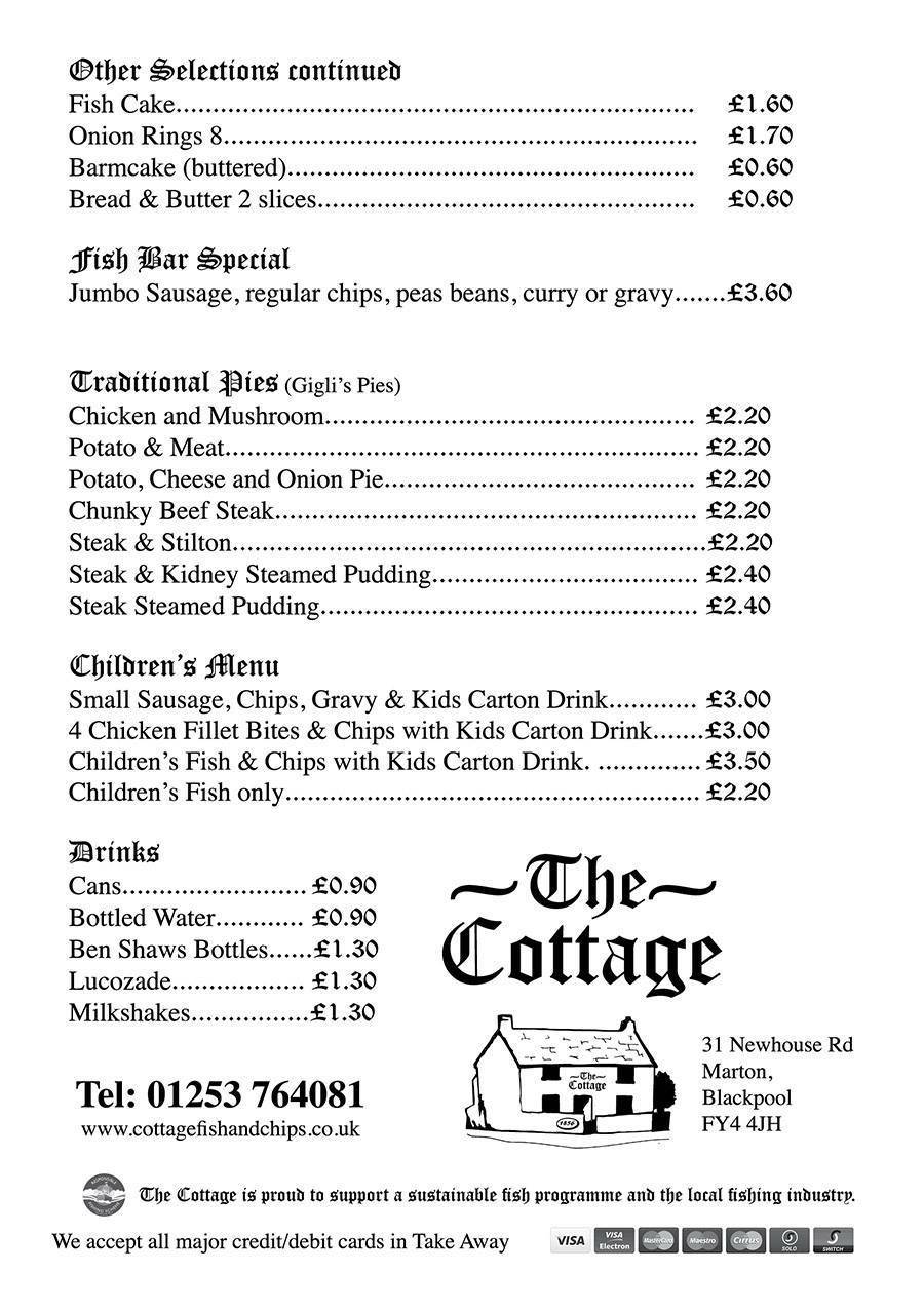Menu at The Cottage • Licensed Fish & Chip Restaurant & Takeaway, Blackpool