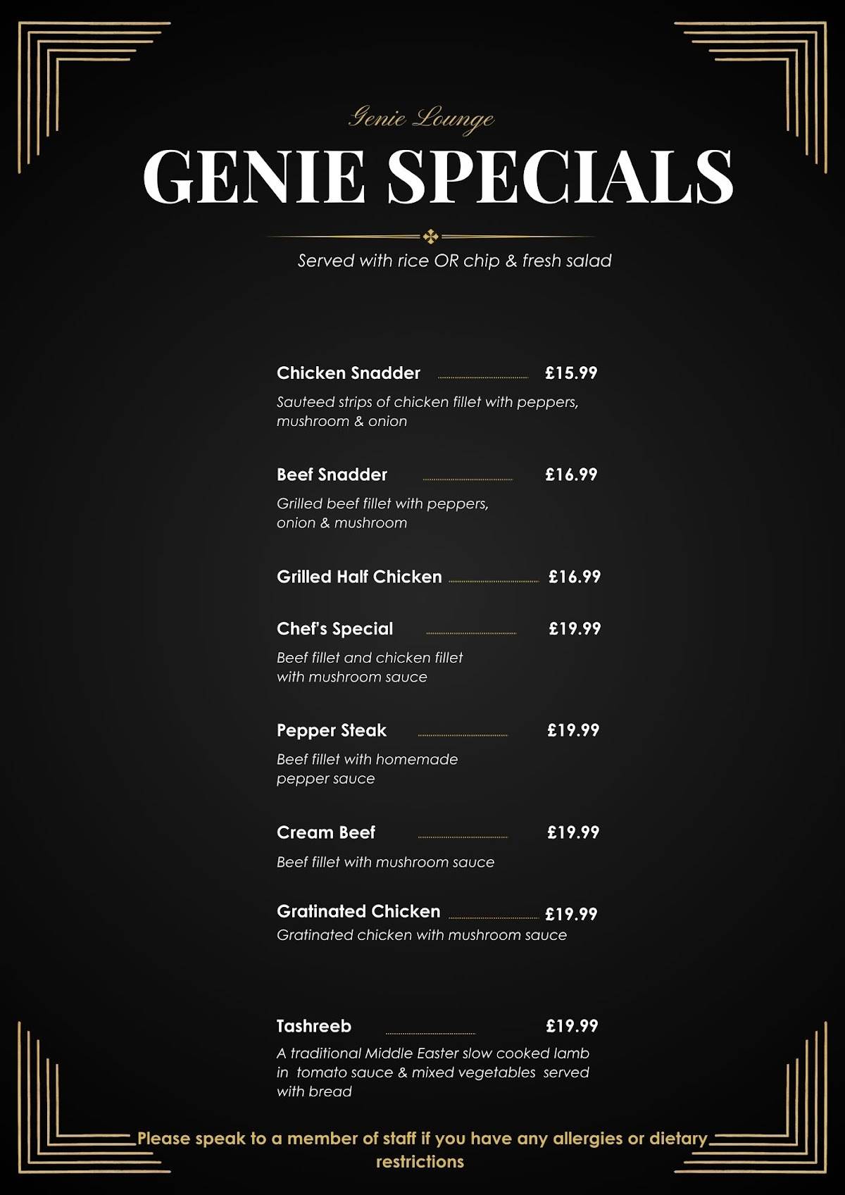 Menu at The Genie Lounge restaurant, Peterborough