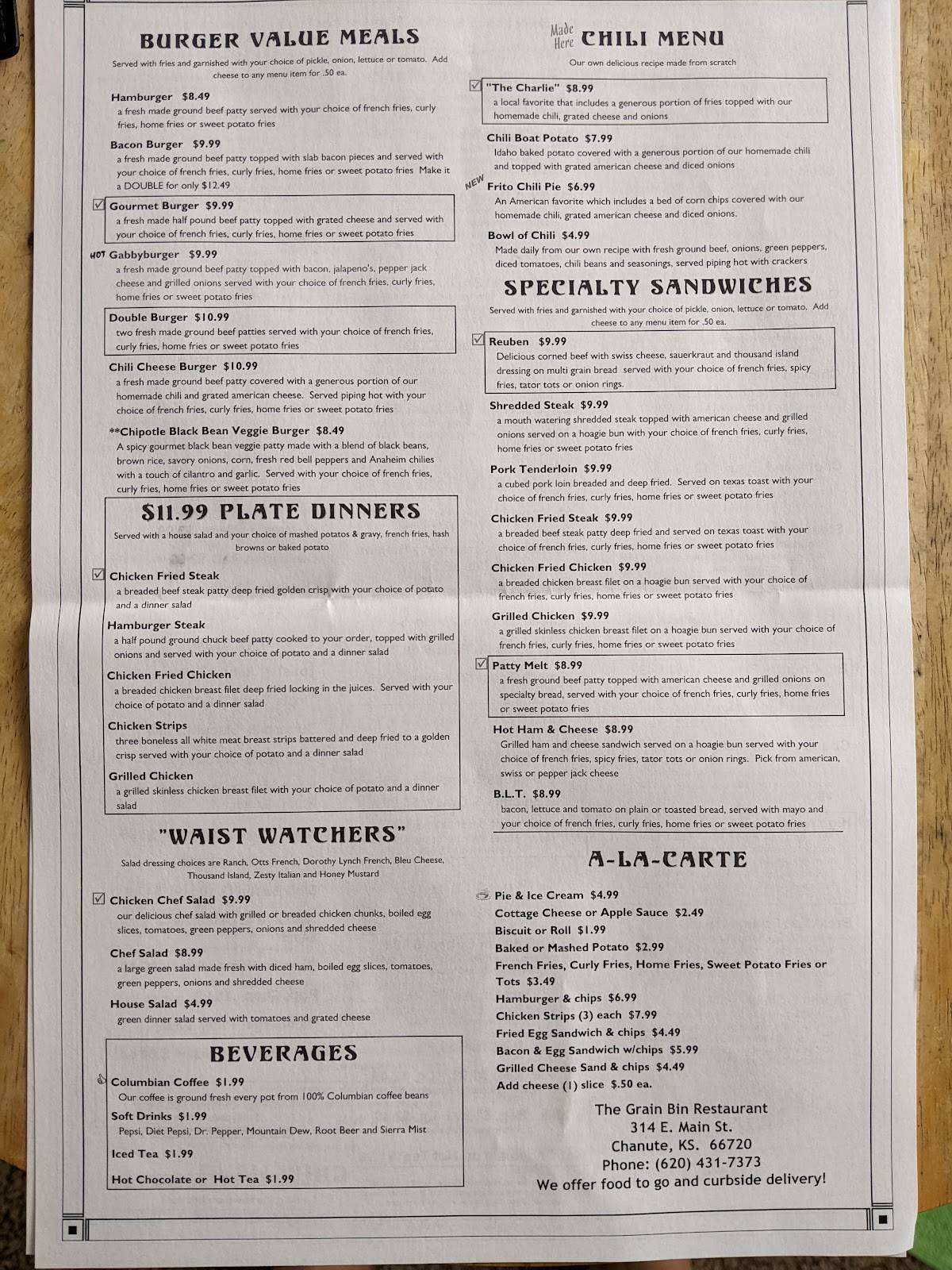 Menu at The Grain Bin Restaurant, Chanute