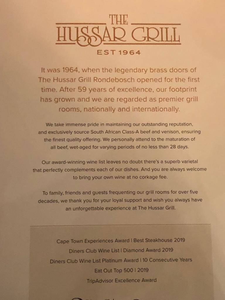 Menu at The Hussar Grill Century City restaurant, Cape Town