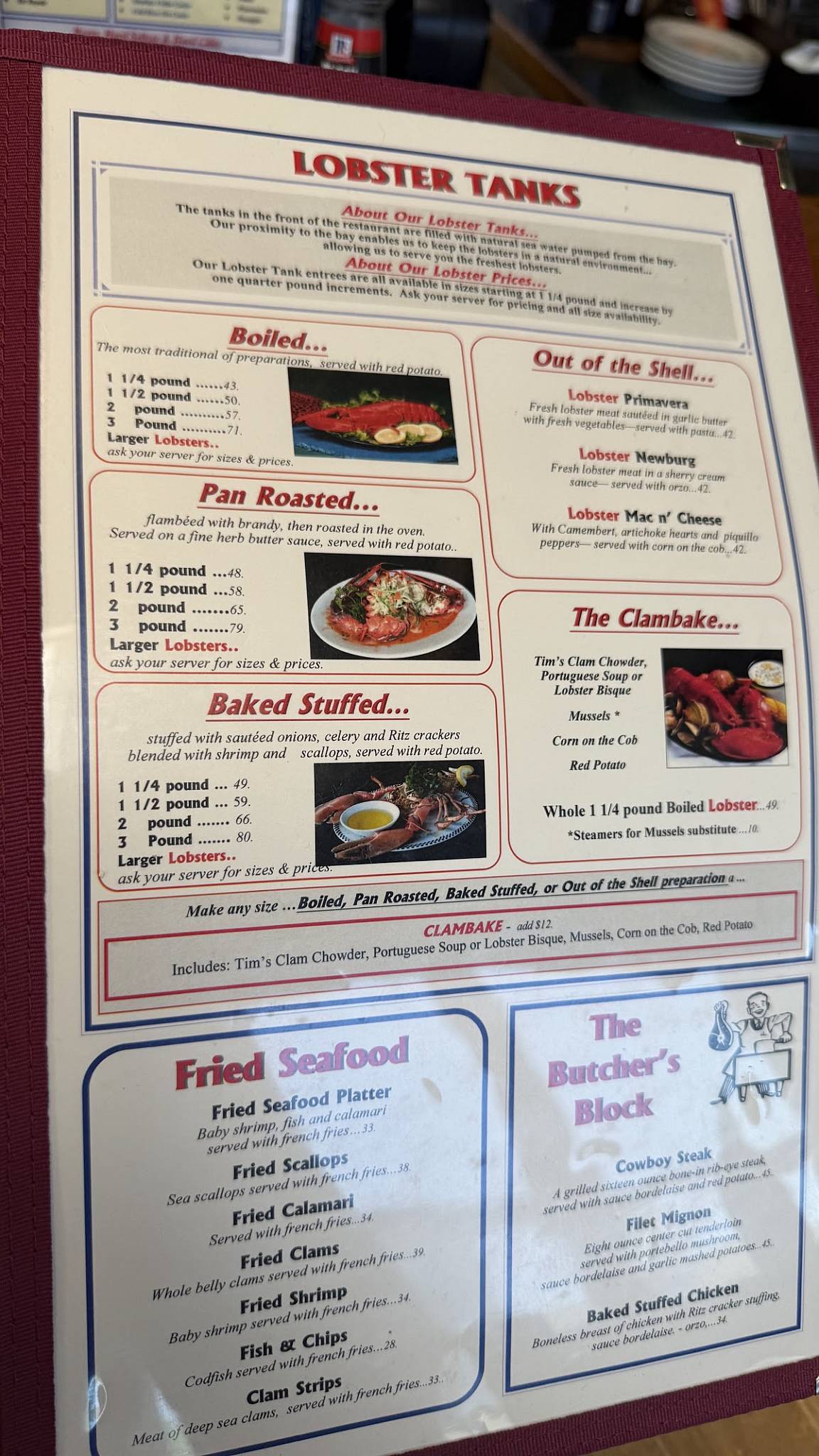 Menu at The Lobster Pot restaurant, Provincetown