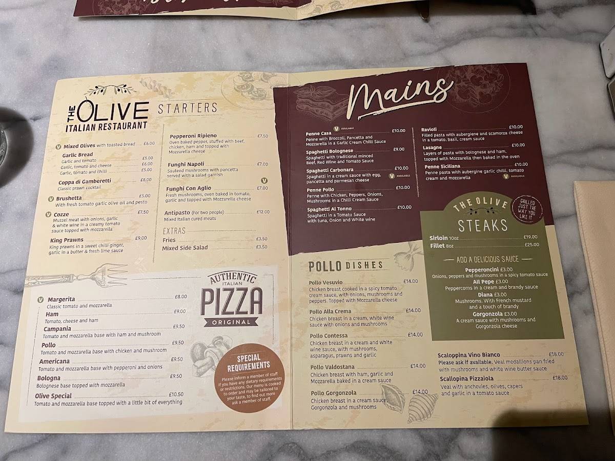 Menu at The Olive restaurant, Skegness