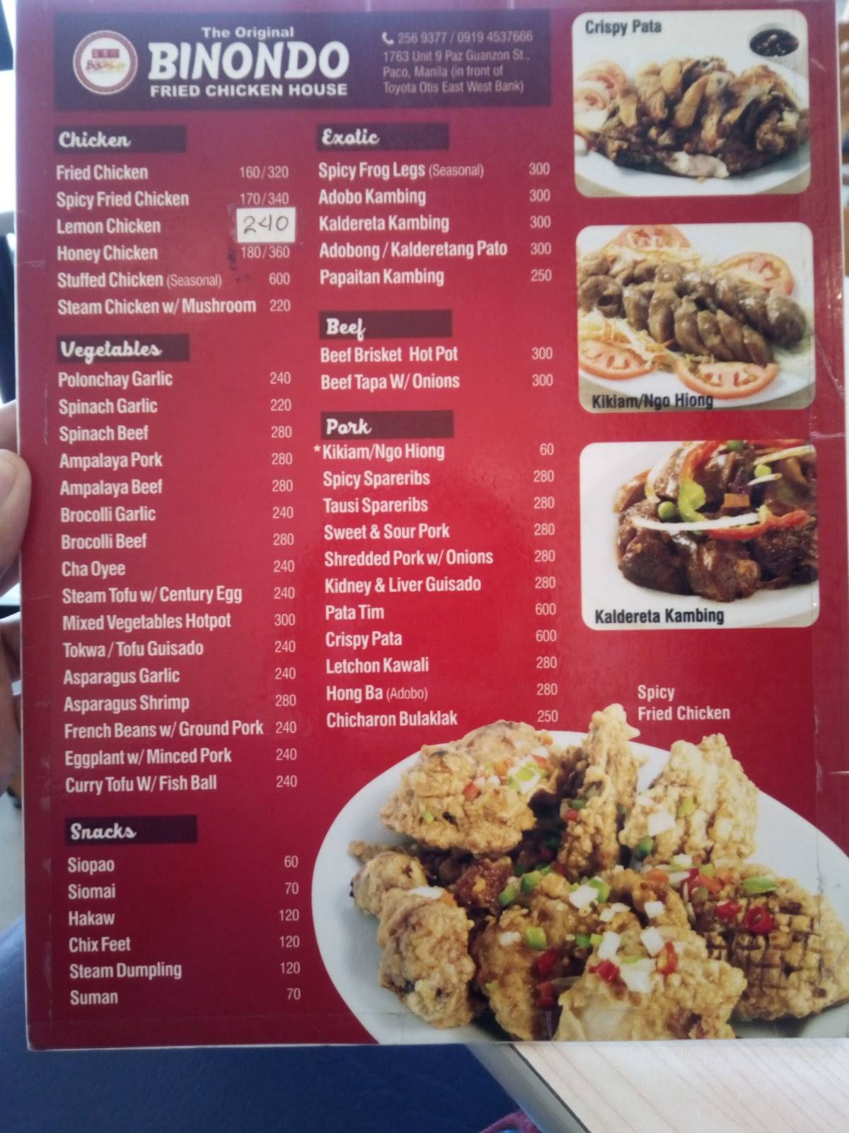 Menu at The Original Chicken Fandian restaurant, Manila, Paz Guanzon Street