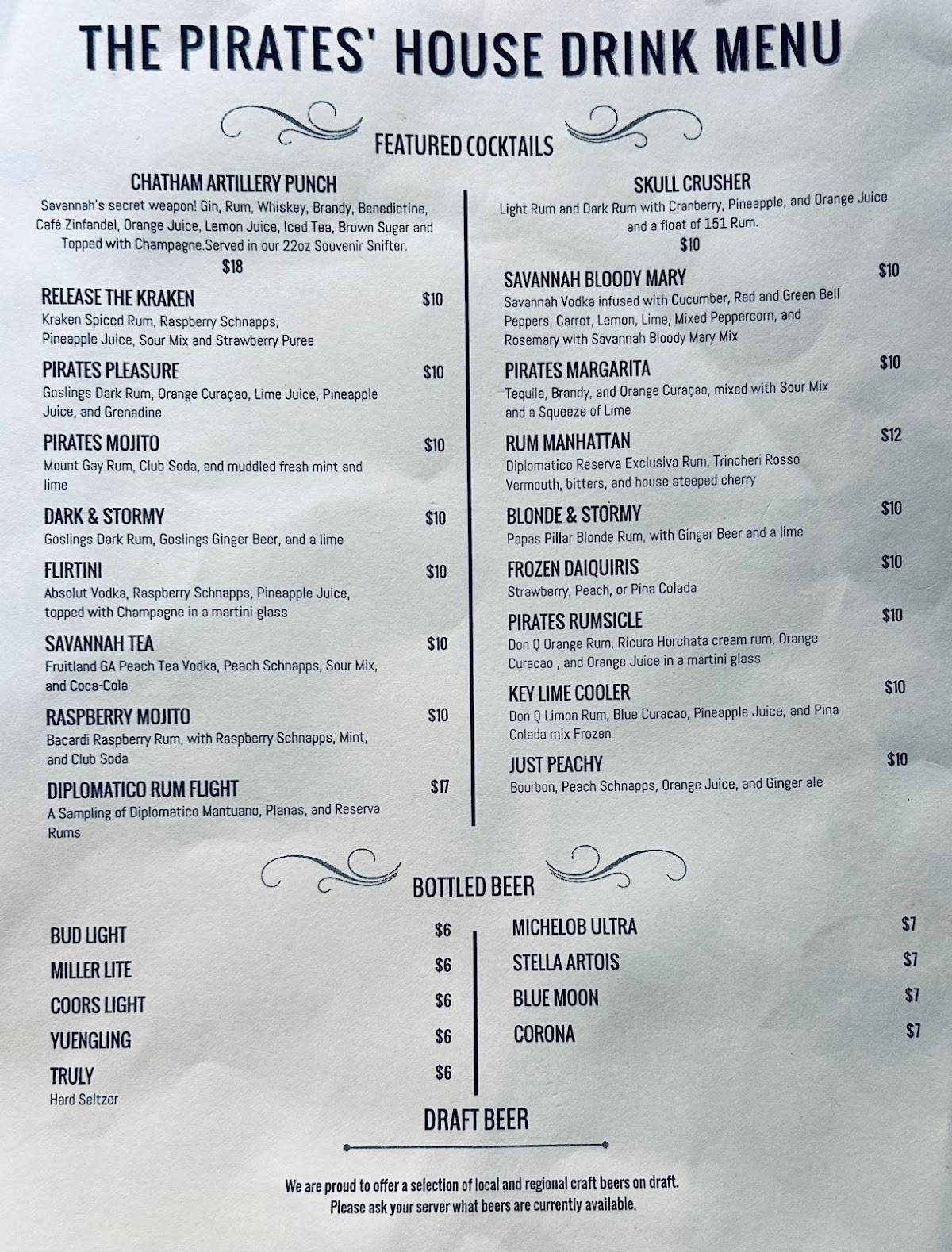 Menu at The Pirates' House restaurant, Savannah
