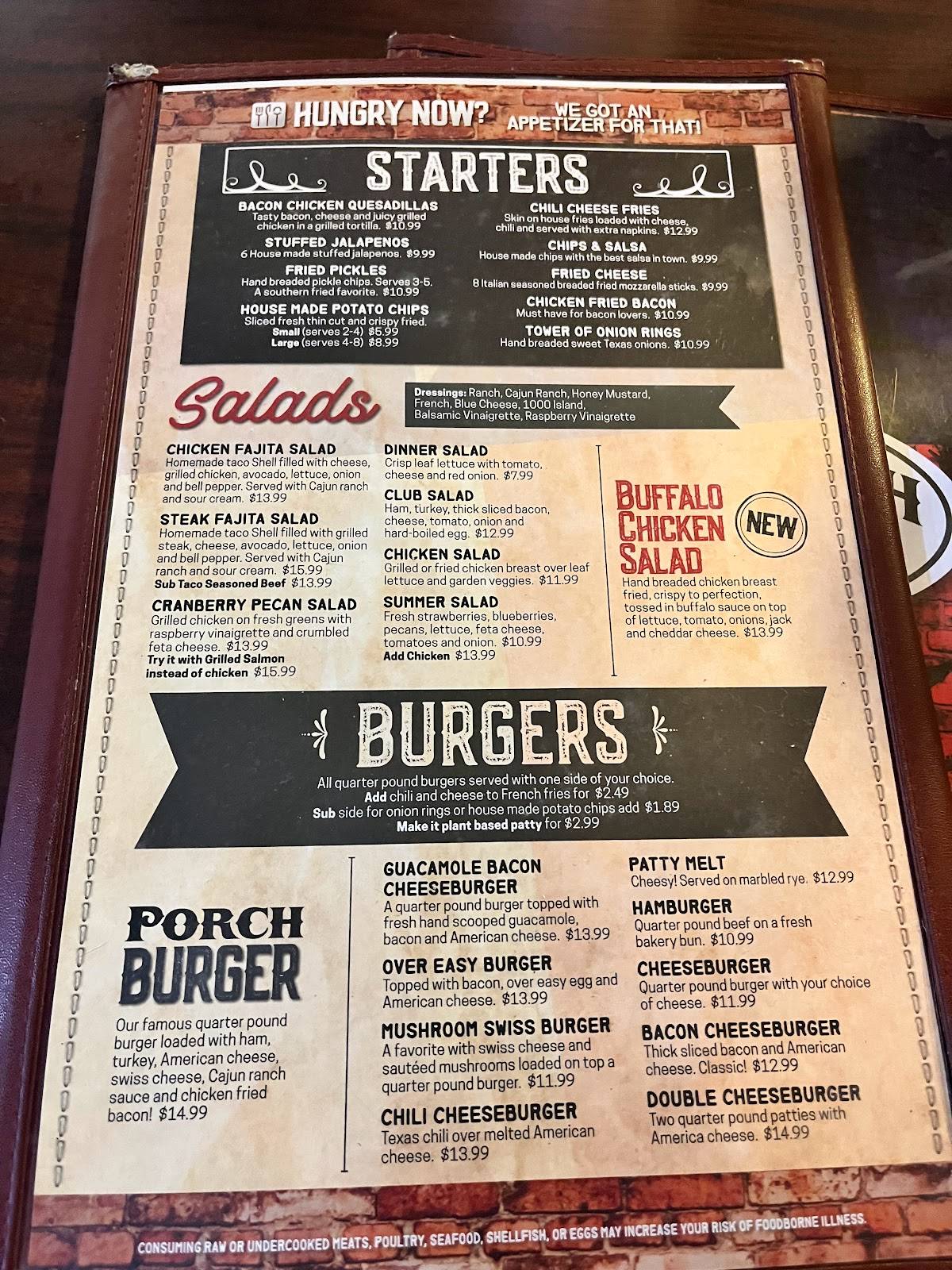 Menu at The Porch restaurant, Mansfield