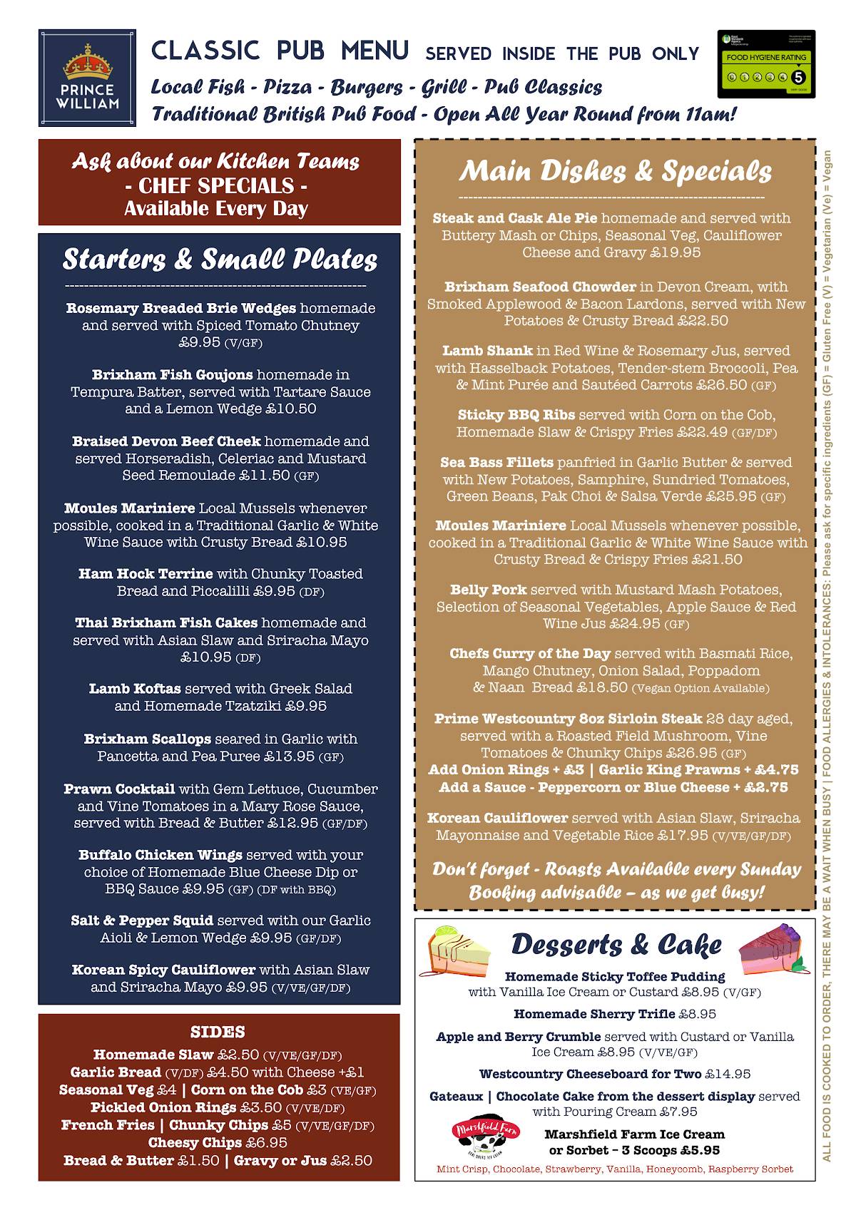 Menu at The Prince William restaurant, Brixham