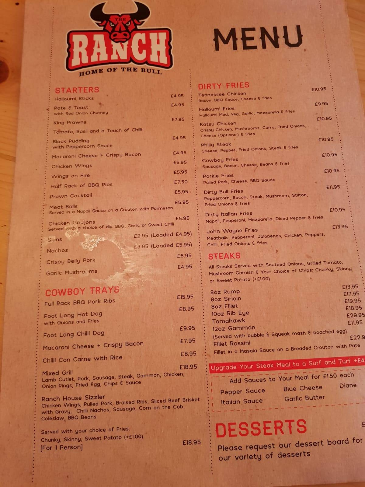 Menu at The Ranch Meat House restaurant, Seaham, The Mill Inn