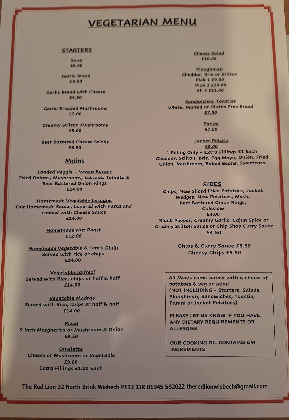 Menu at The Red Lion restaurant, Wisbech