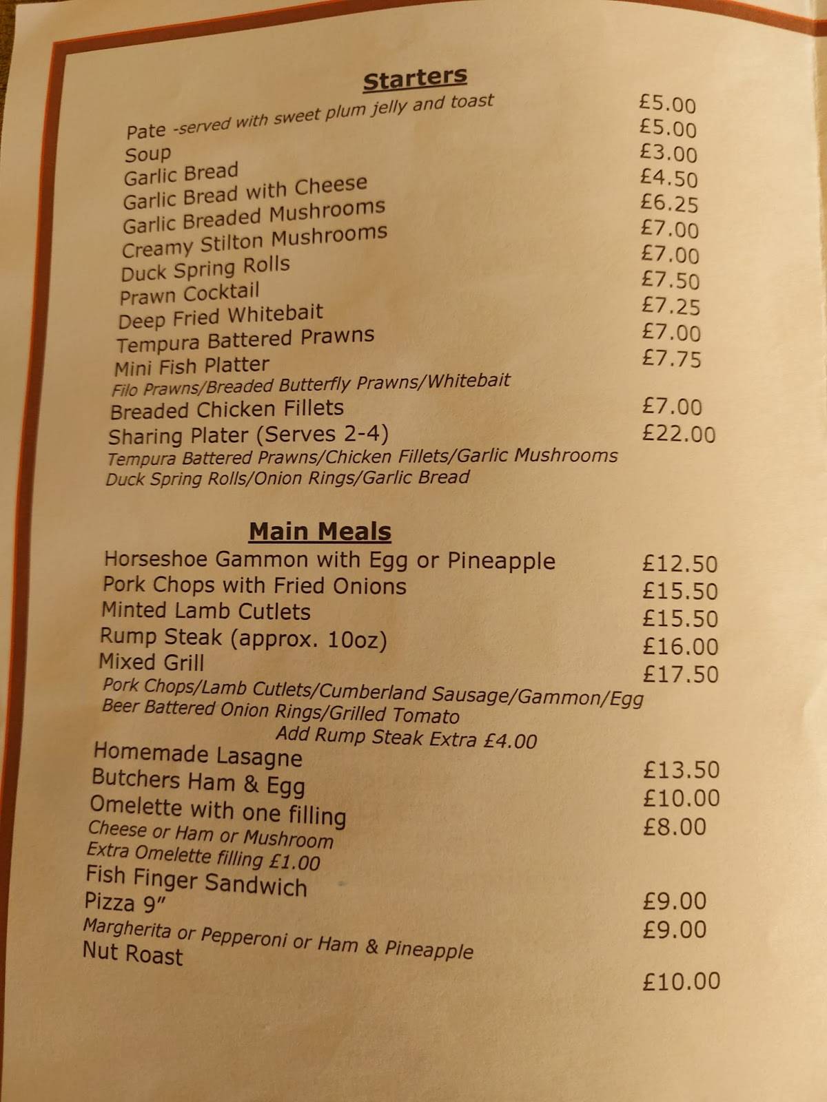 Menu at The Red Lion restaurant, Wisbech