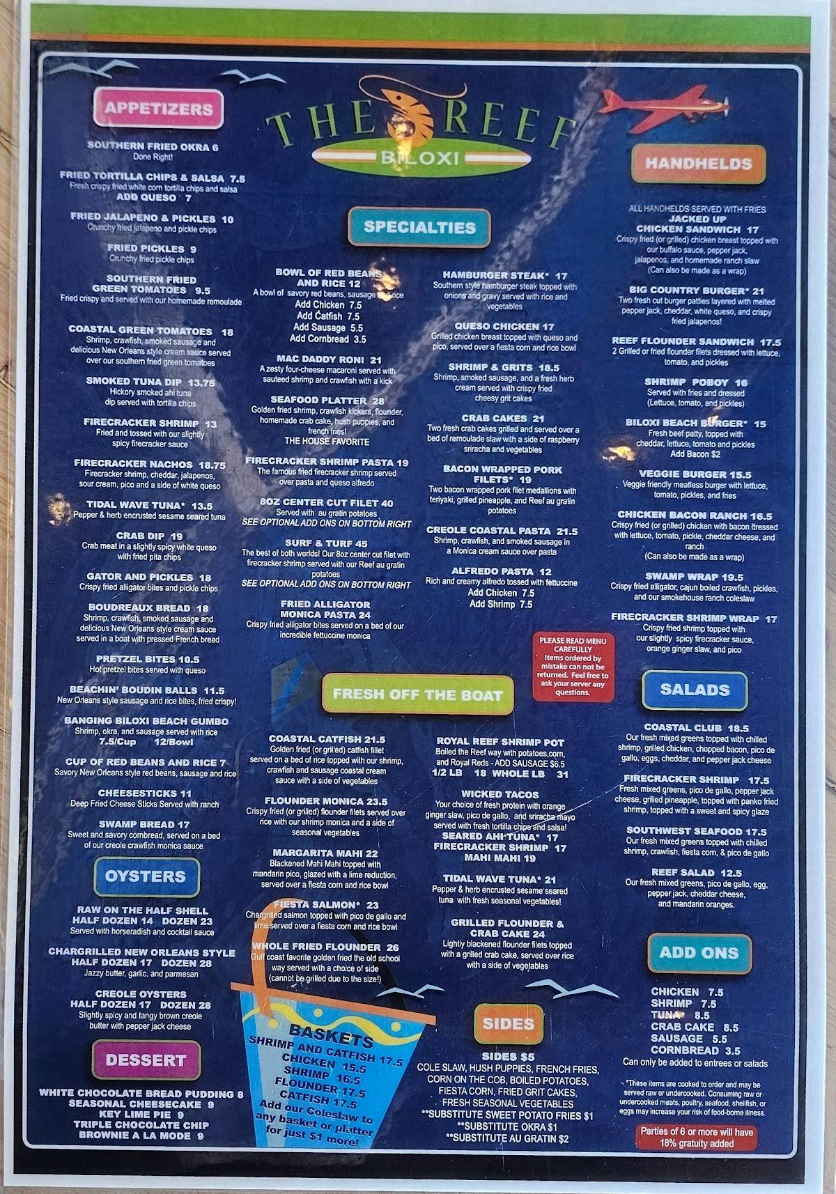 Menu at The Reef restaurant, Biloxi