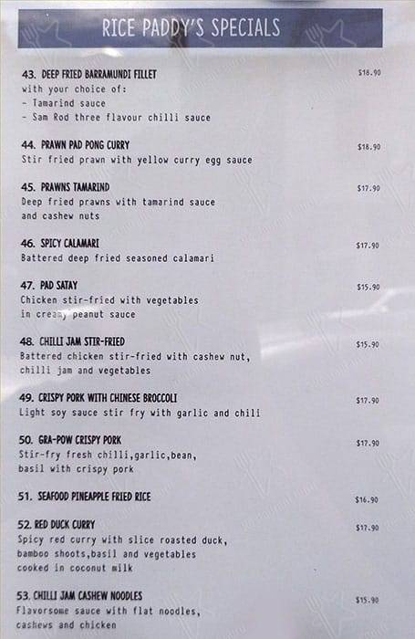Menu at The Rice Paddy Thai restaurant, South Yarra