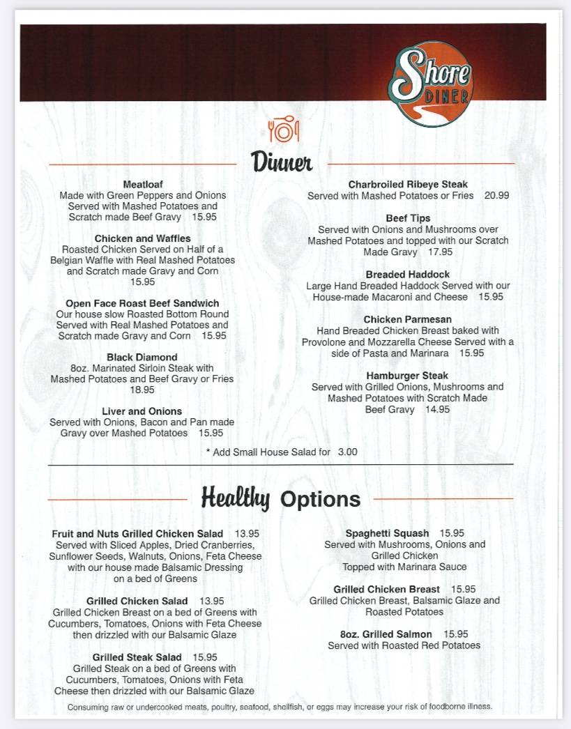 Menu at The Shore Diner restaurant, Jersey Shore