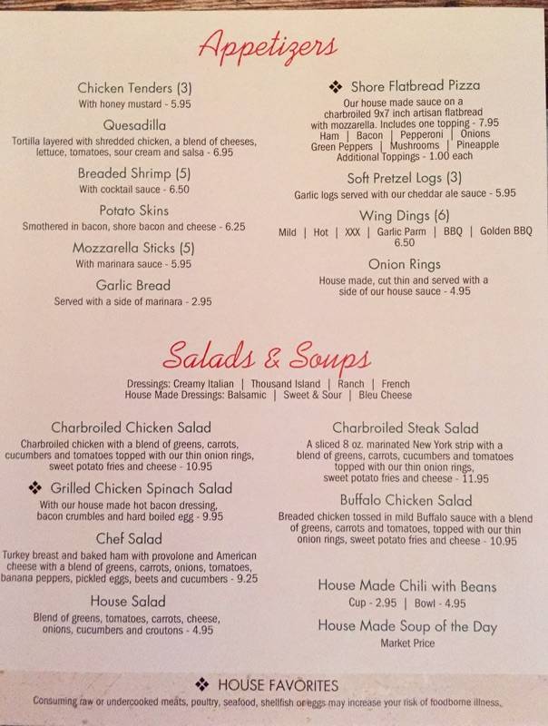 Menu at The Shore Diner restaurant, Jersey Shore
