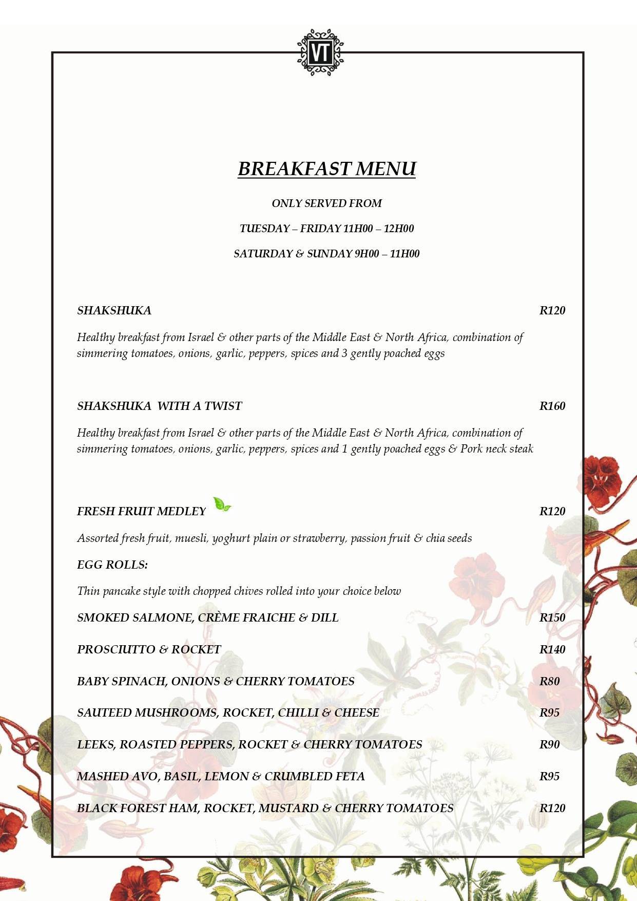 Menu at The Village Table restaurant, Durban