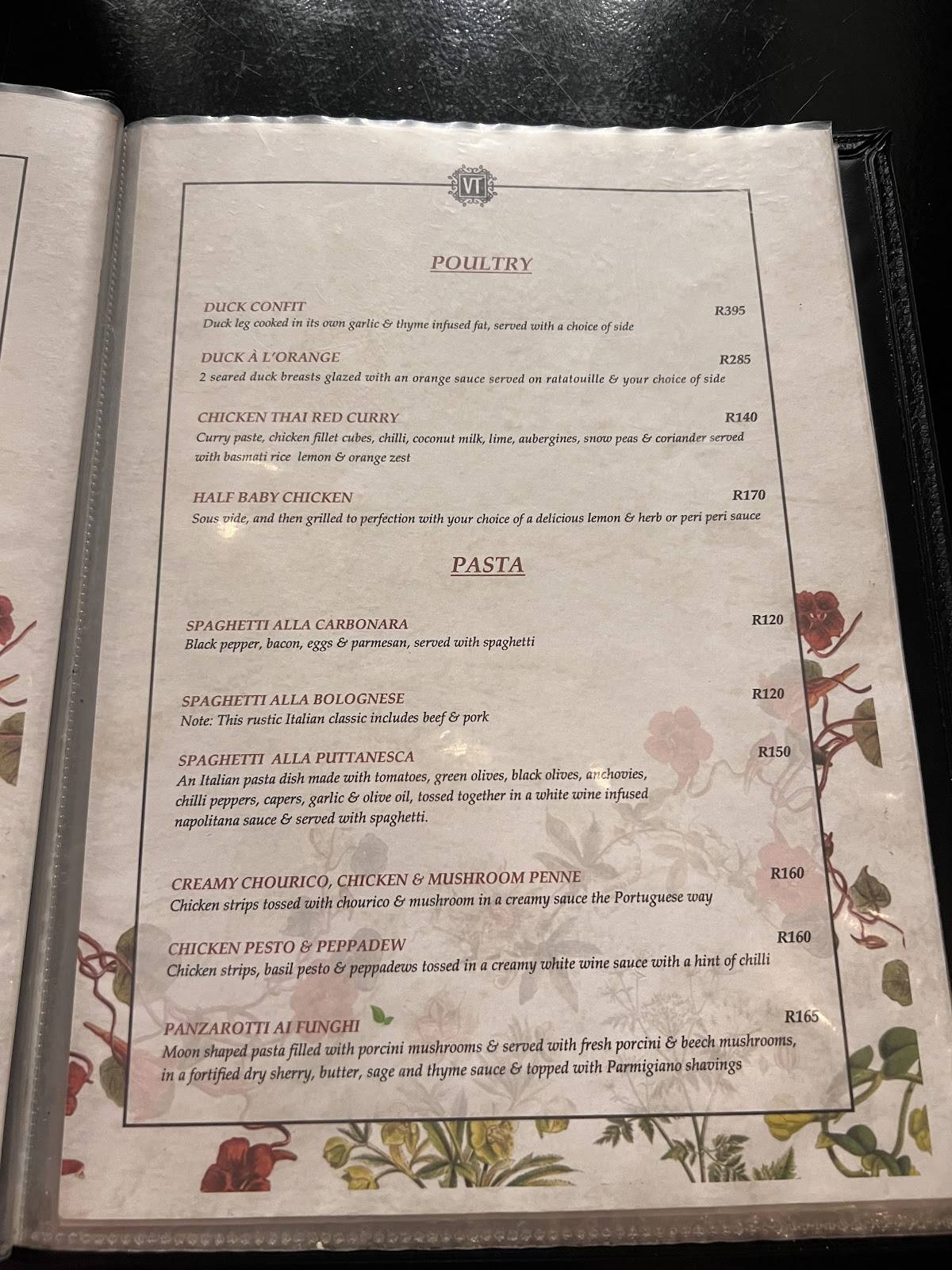 Menu at The Village Table restaurant, Durban