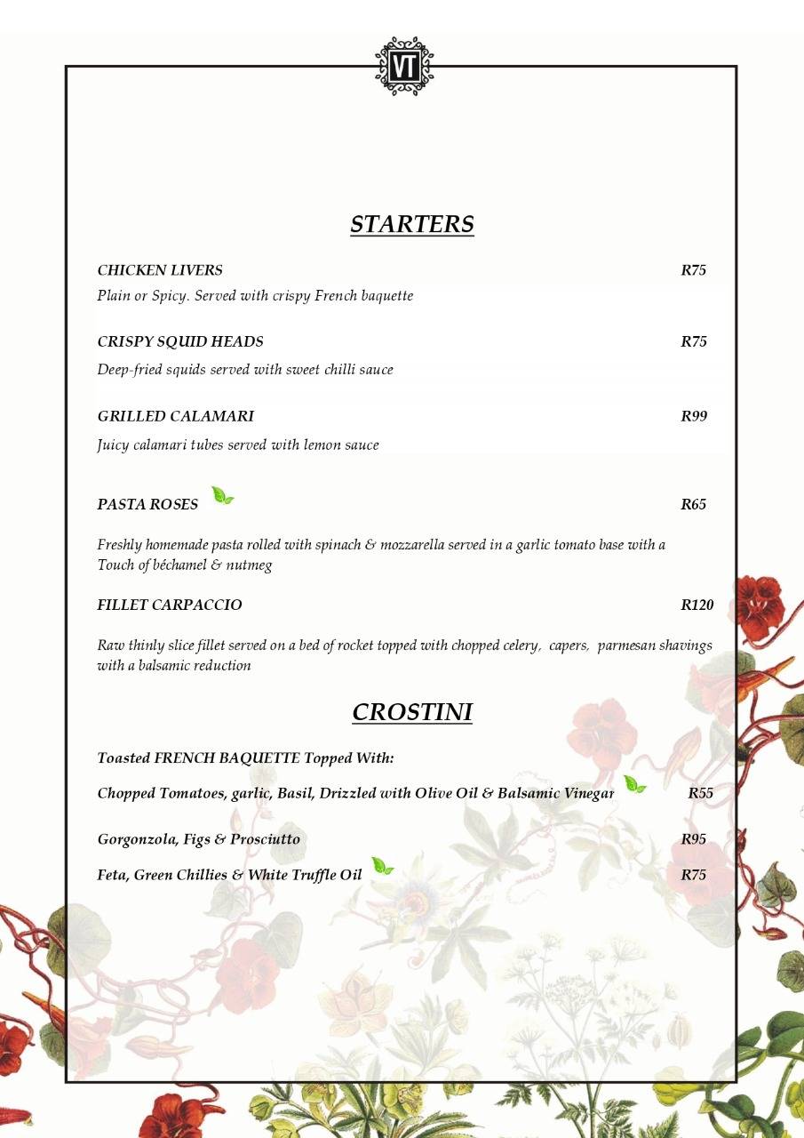Menu at The Village Table restaurant, Durban