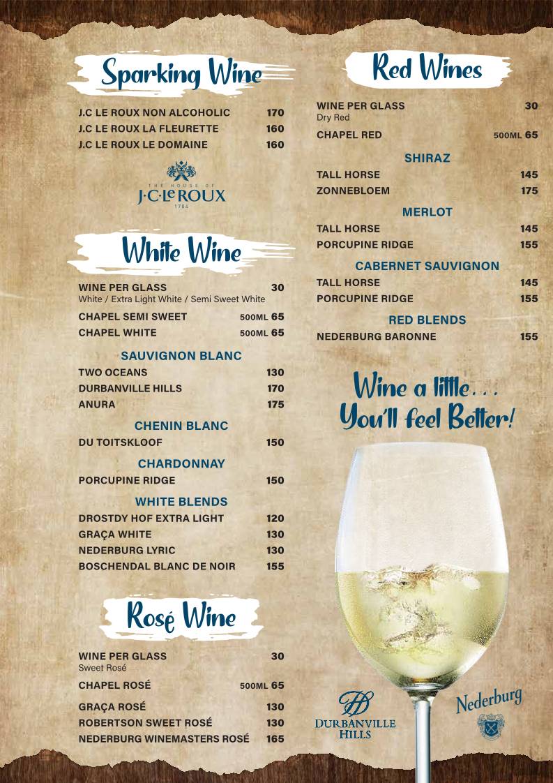 Menu at The Wreck restaurant, Port Edward