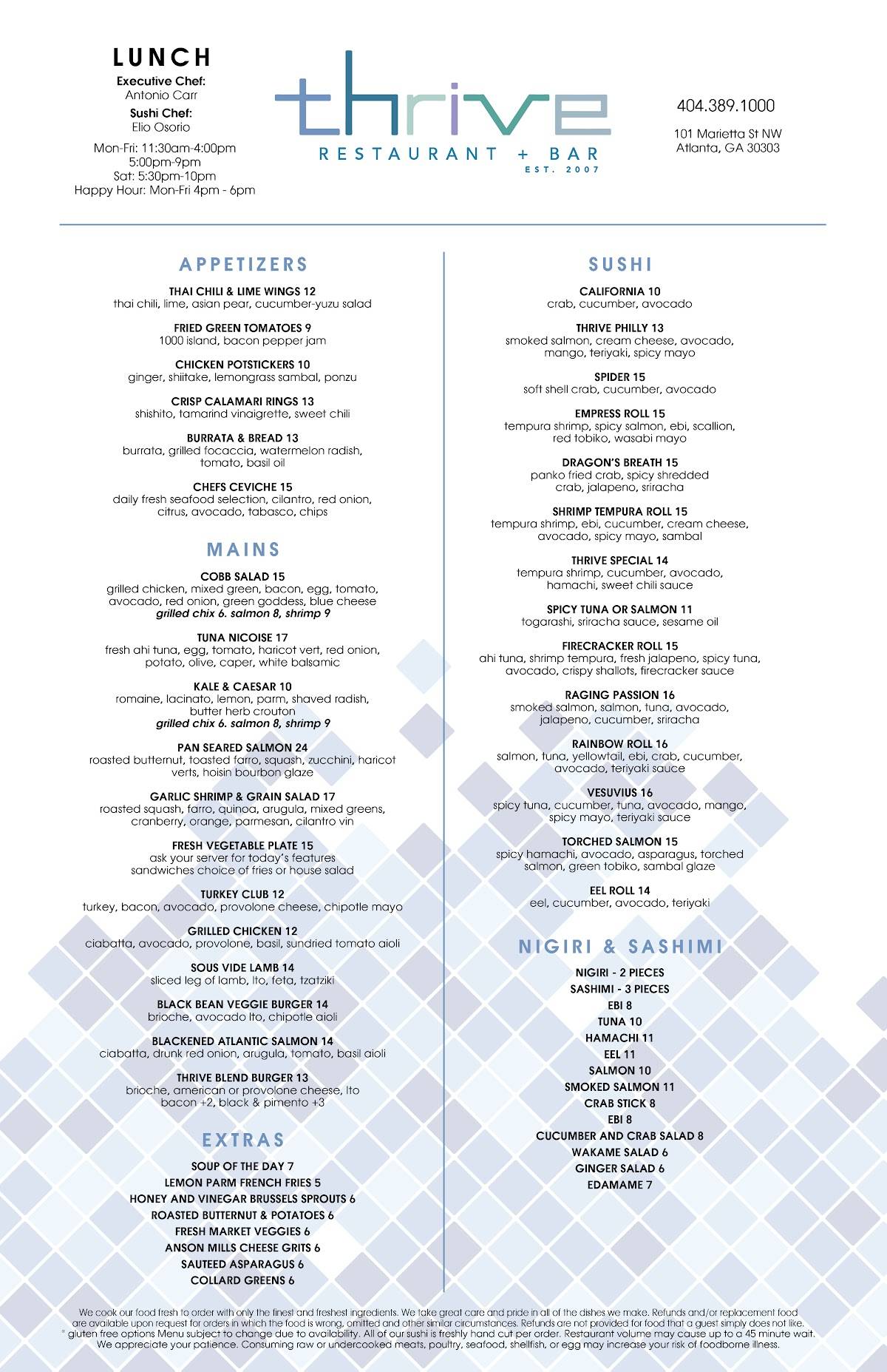 Menu at Thrive restaurant, Atlanta, 101 Marietta St NW