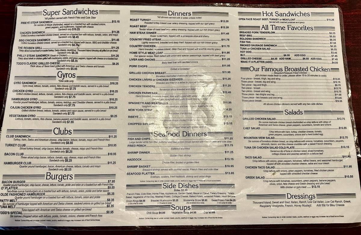 Menu at Todds Mountain View Restaurant, Lancaster