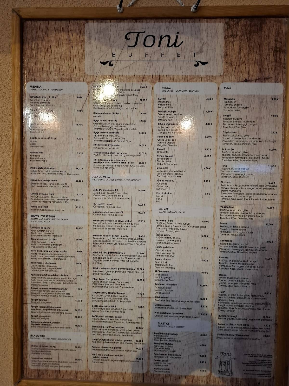 Menu at Restaurant Toni, Ražanac