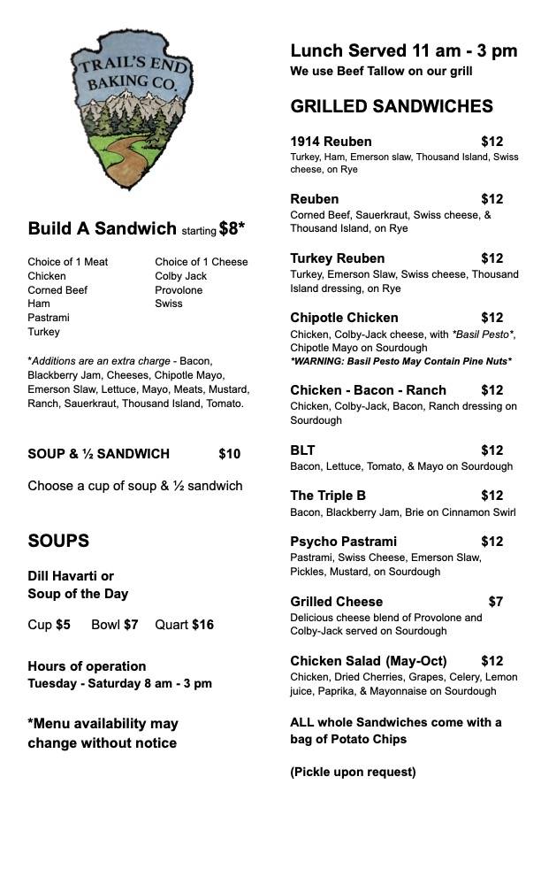 Menu at Trail's End Baking Company, Ludington