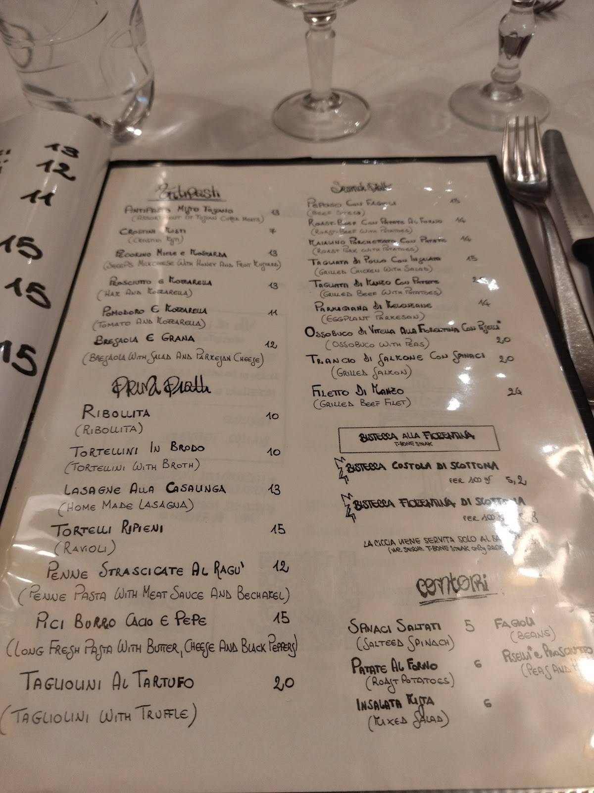 Menu at Trattoria Marione restaurant, Florence