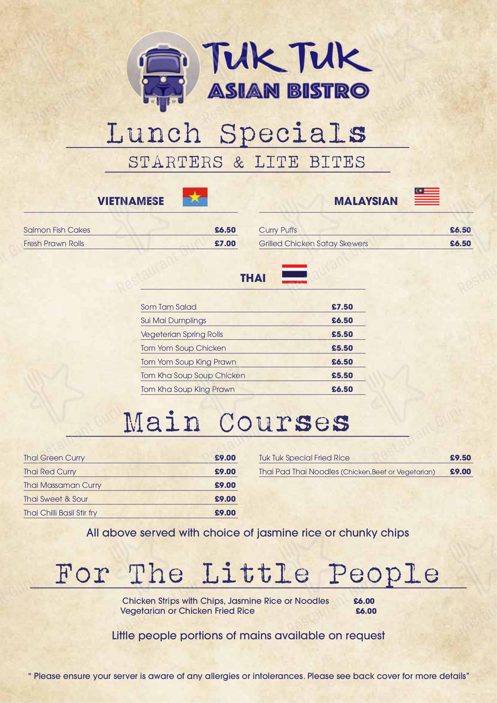 Menu at Tuk Tuk Asian Bistro restaurant, Newtownards