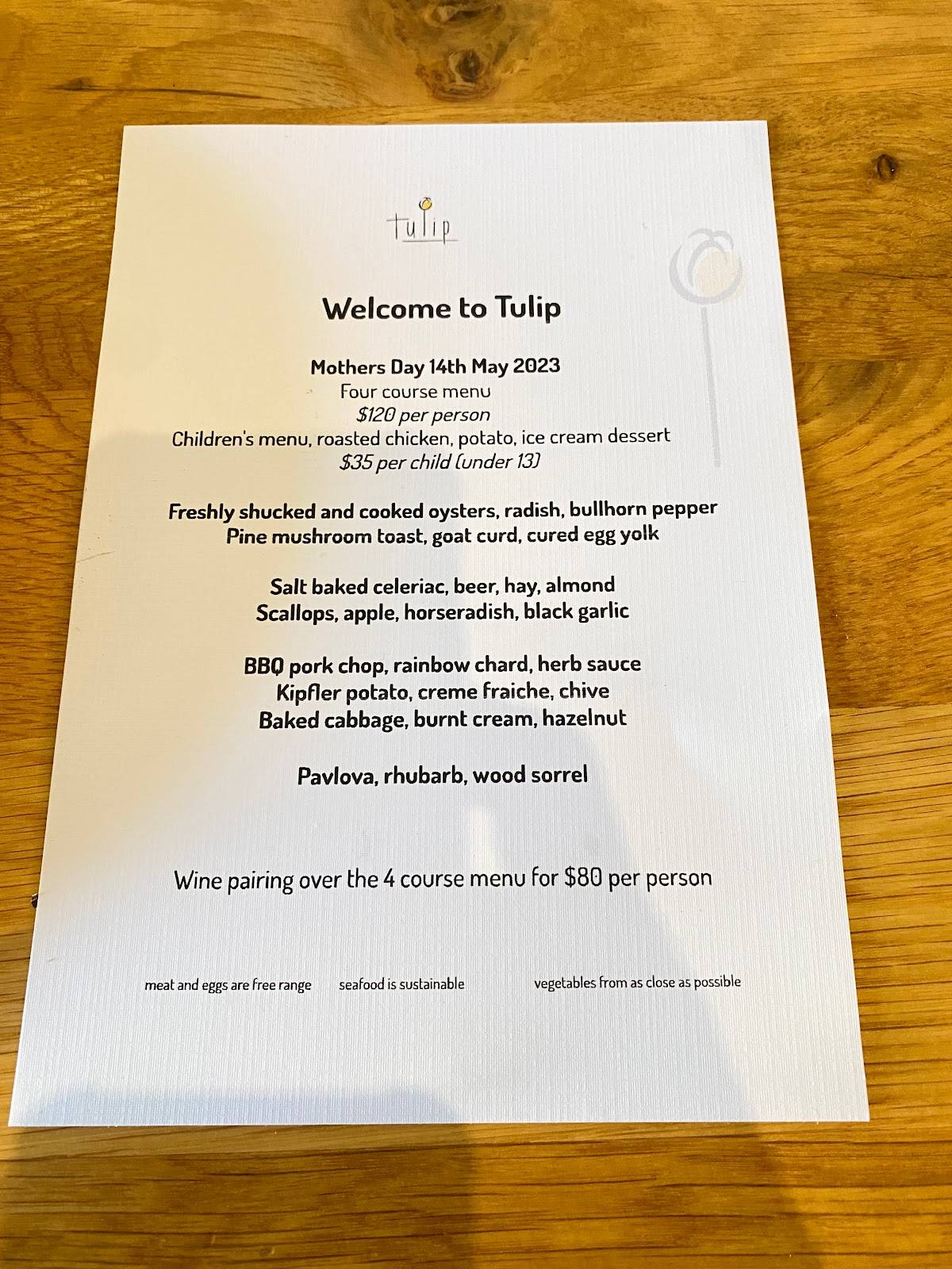 Menu at Tulip Restaurant, Geelong West