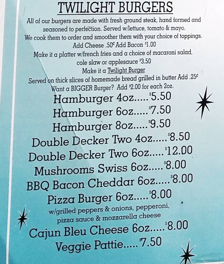 Menu at Twilight Diner restaurant, Loganton