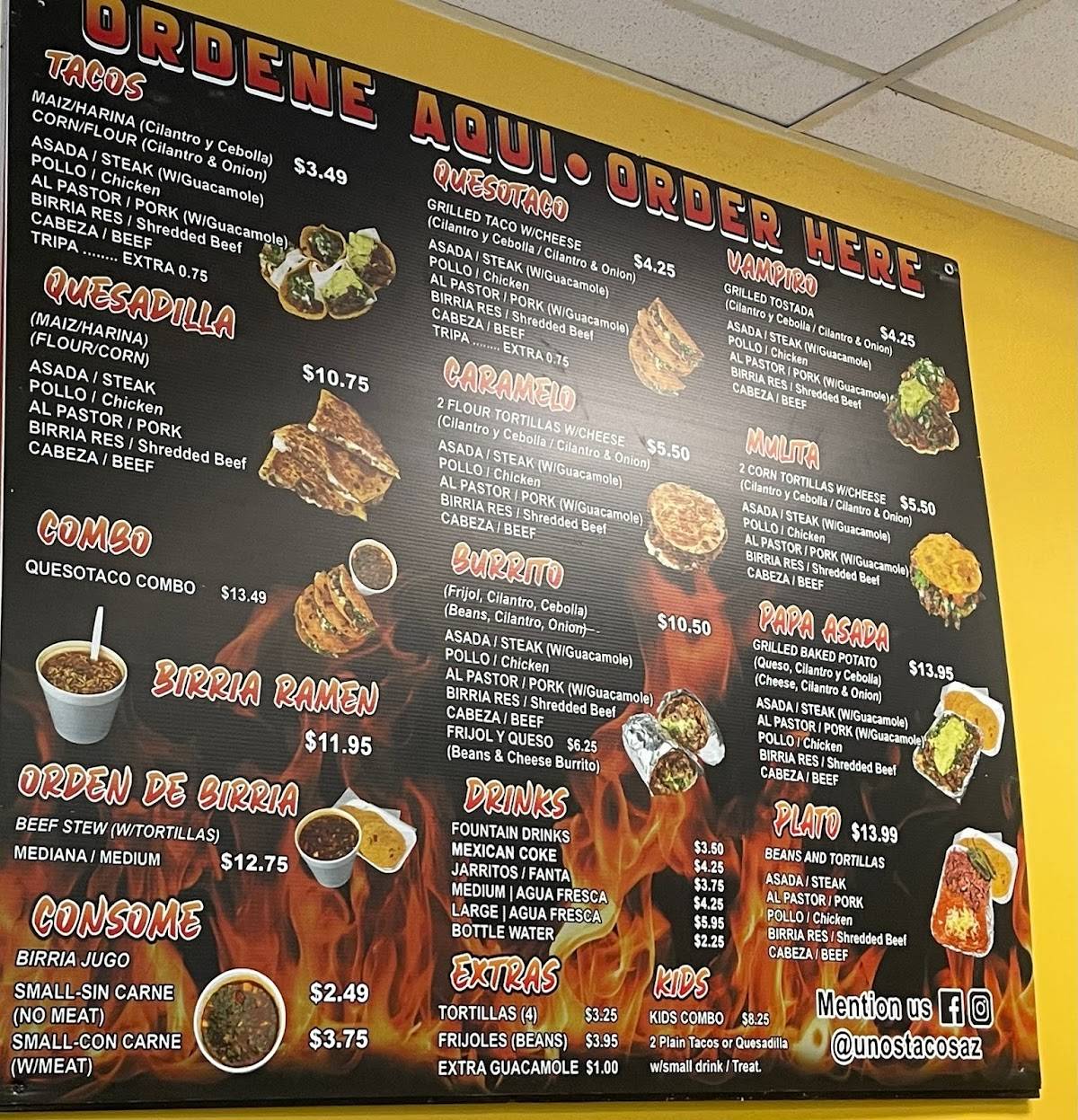 Menu at UNOS TACOS Y BIRRIA restaurant, Phoenix