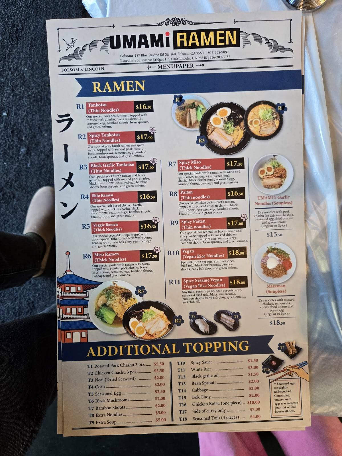 Menu at Umami Ramen restaurant, Folsom