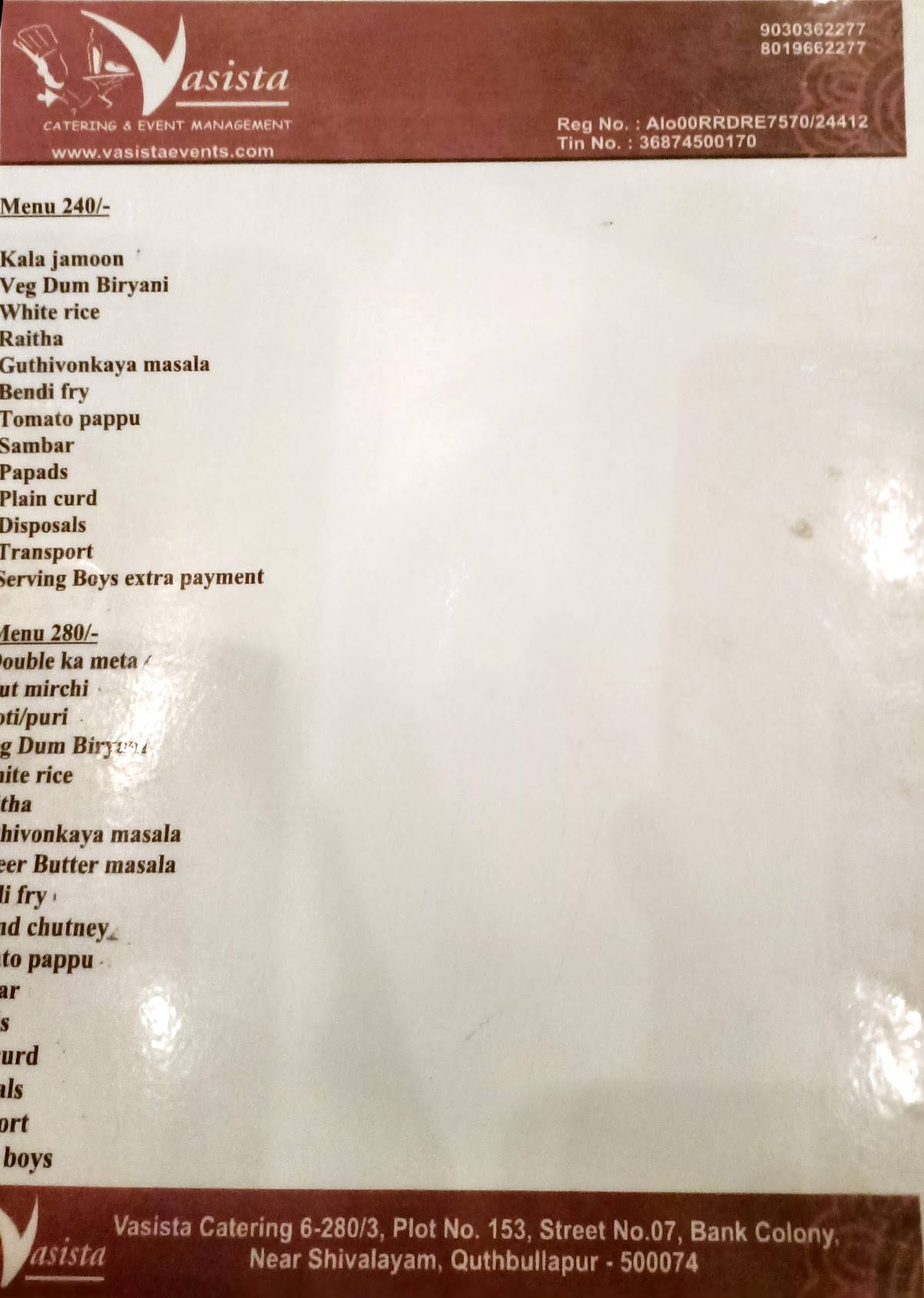 Menu at Vasista Godavari pulao and Dum Biryani, Hyderabad