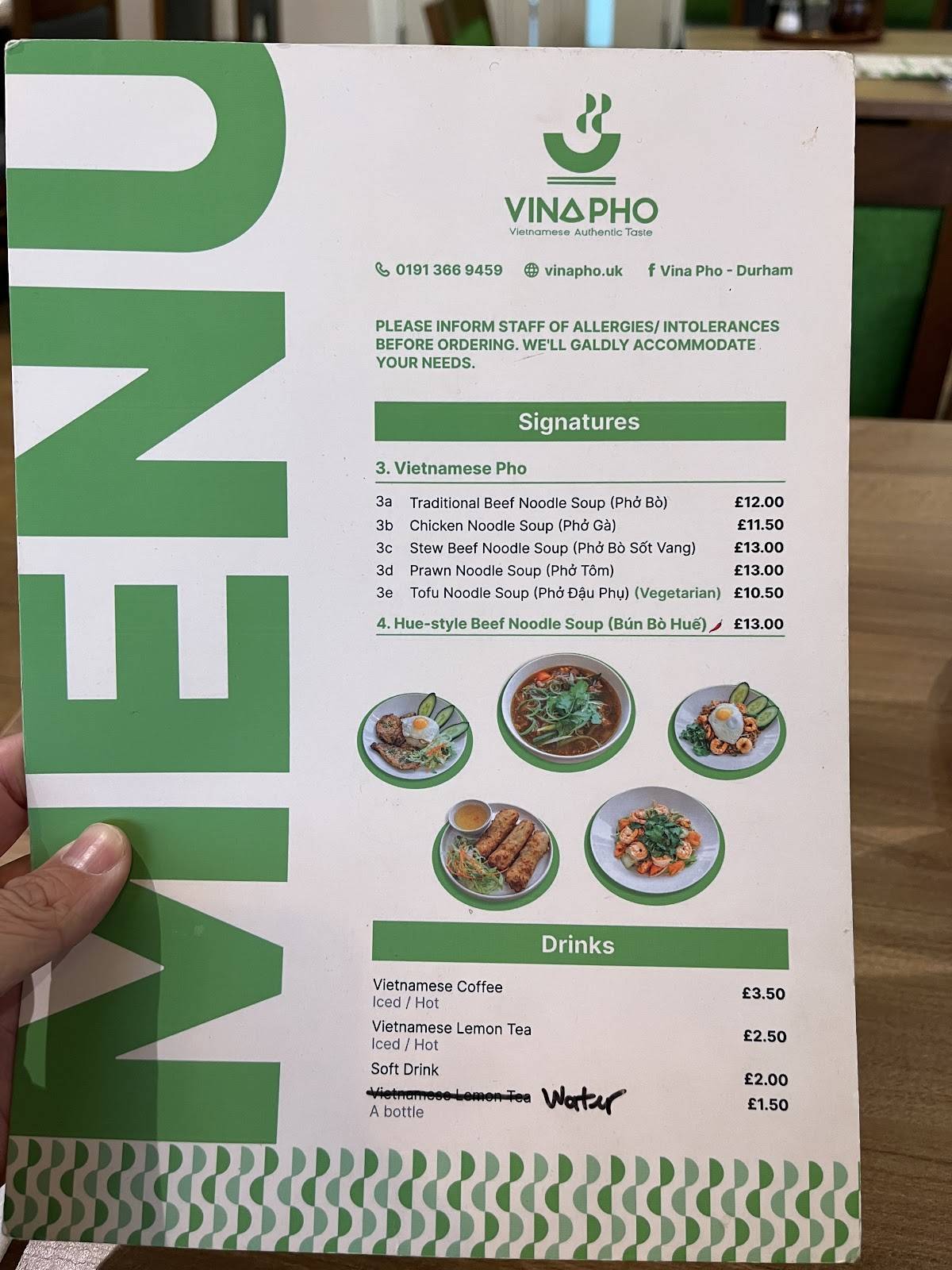 Menu at Vina Pho restaurant, Durham