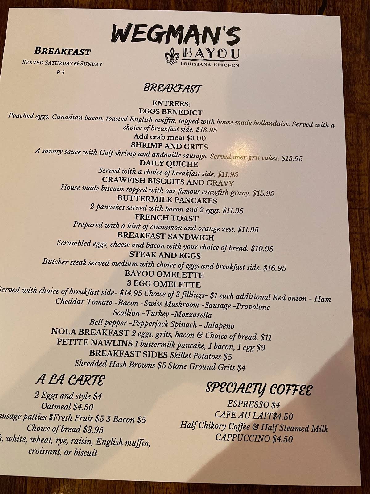 Menu at Wegman's Bayou Louisiana Kitchen restaurant, Roswell