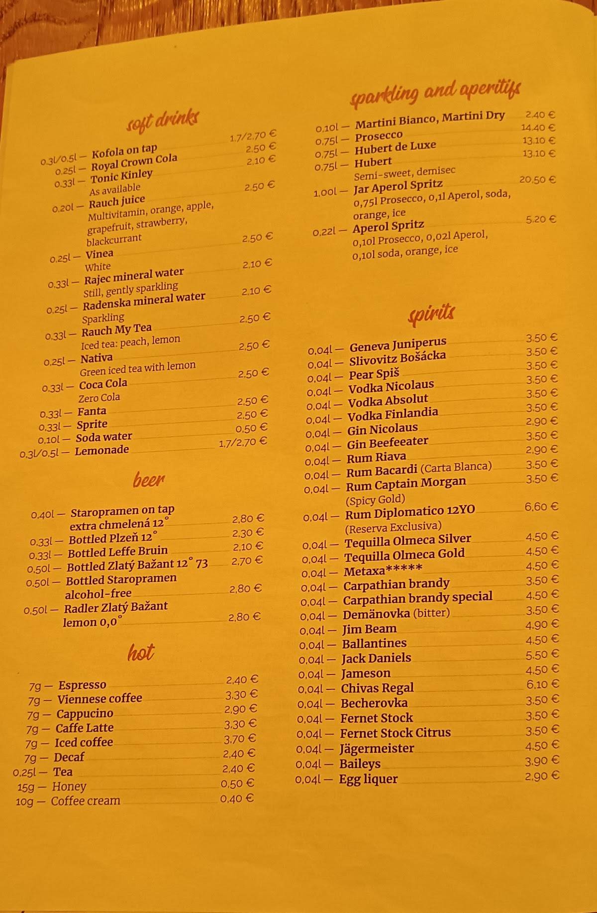 Menu at Wetzlerov Dom restaurant, Trnava