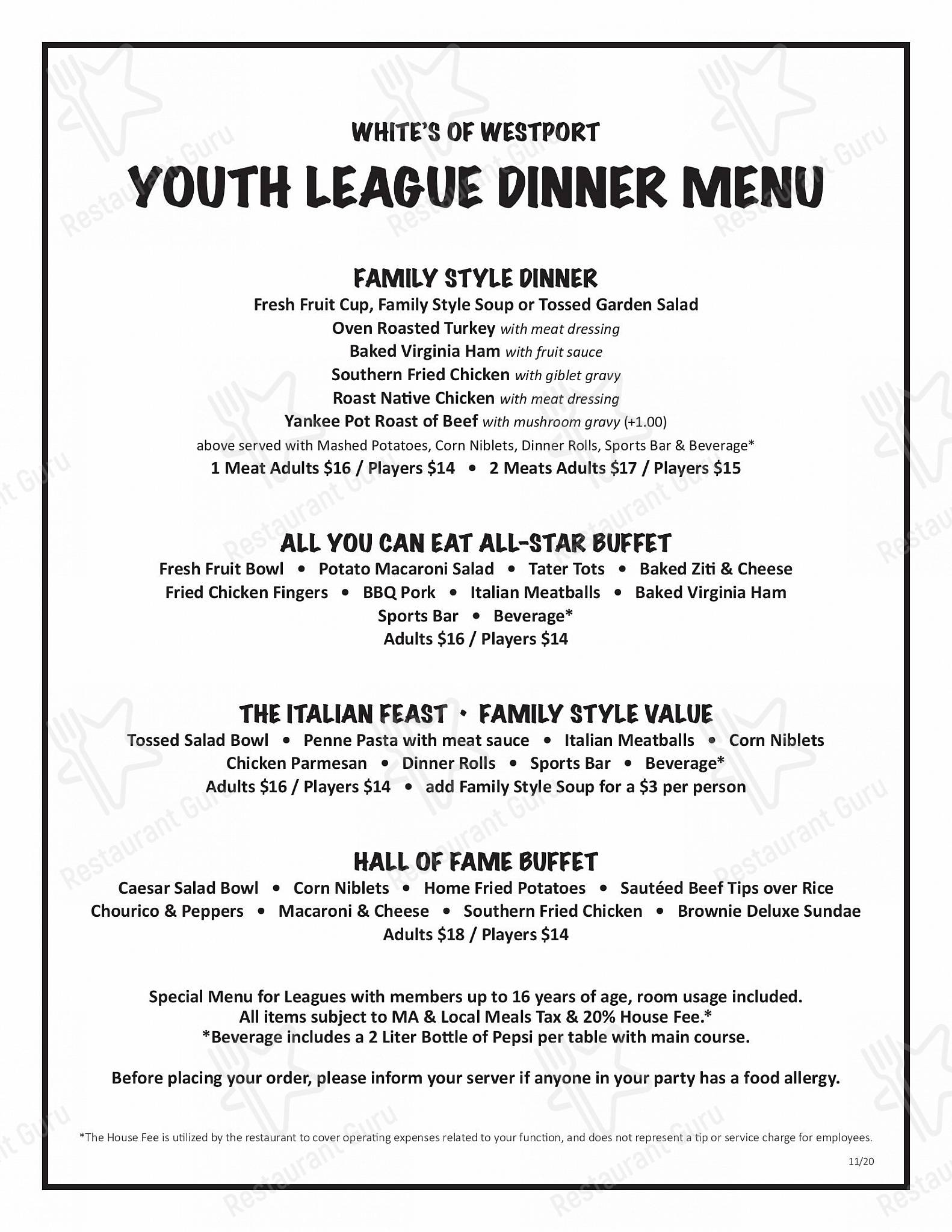 Menu at White's of Westport restaurant, Westport