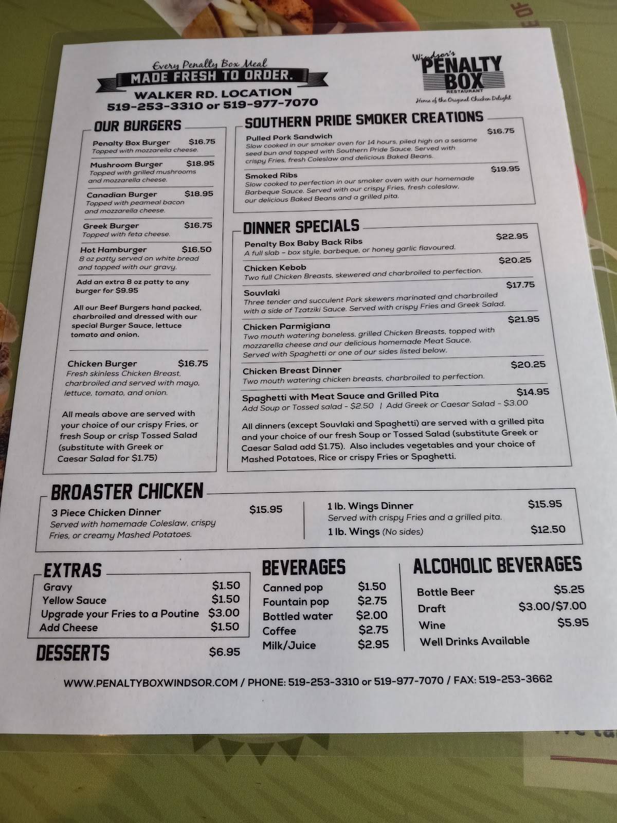 Menu at Windsor's Penalty Box Restaurant, Windsor