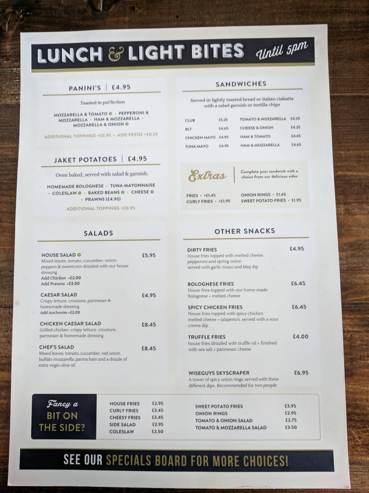 Menu at Wiseguys restaurant, Bridlington