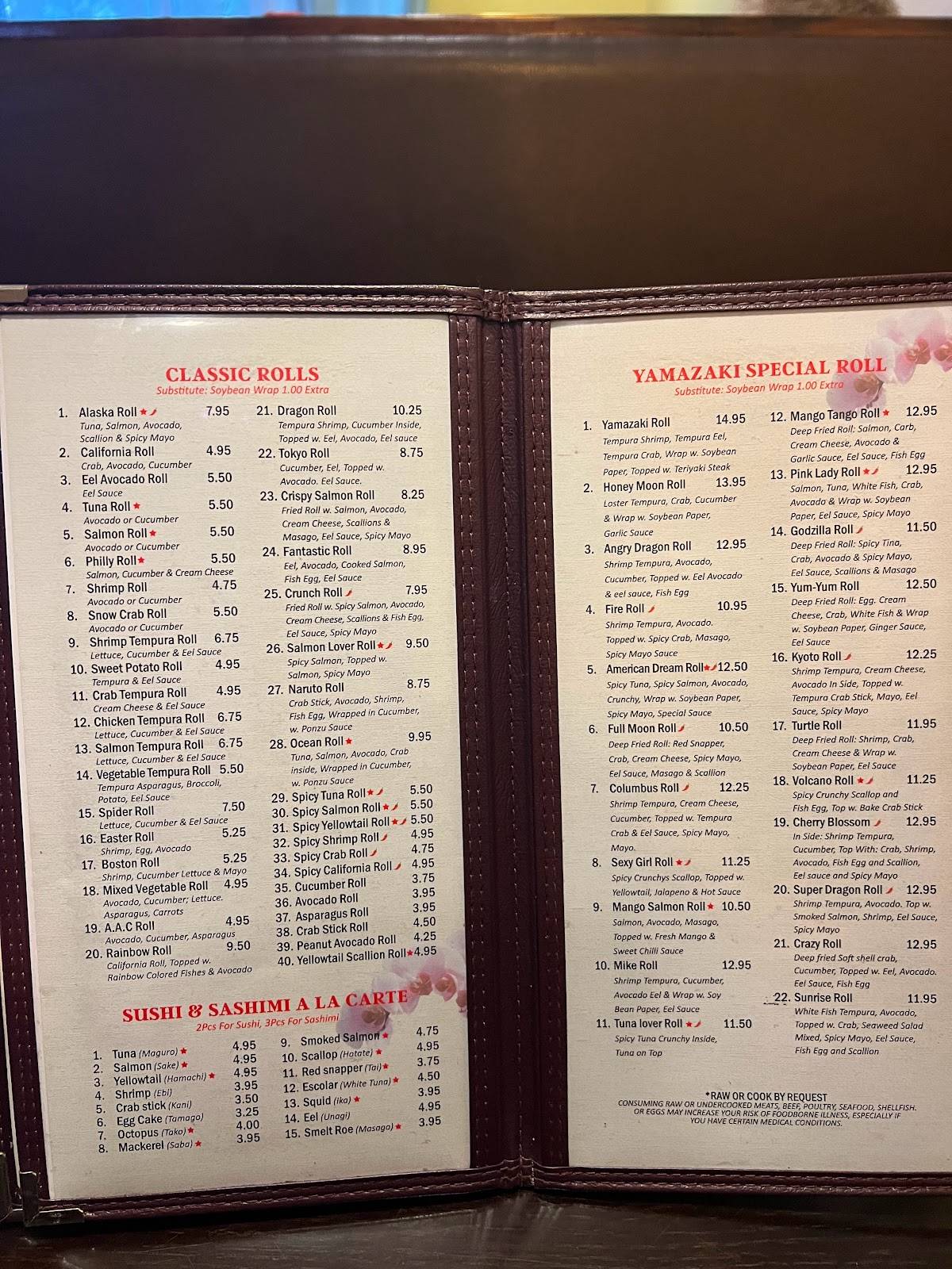 Menu at Yamazaki Sushi and Hibachi restaurant, Columbus