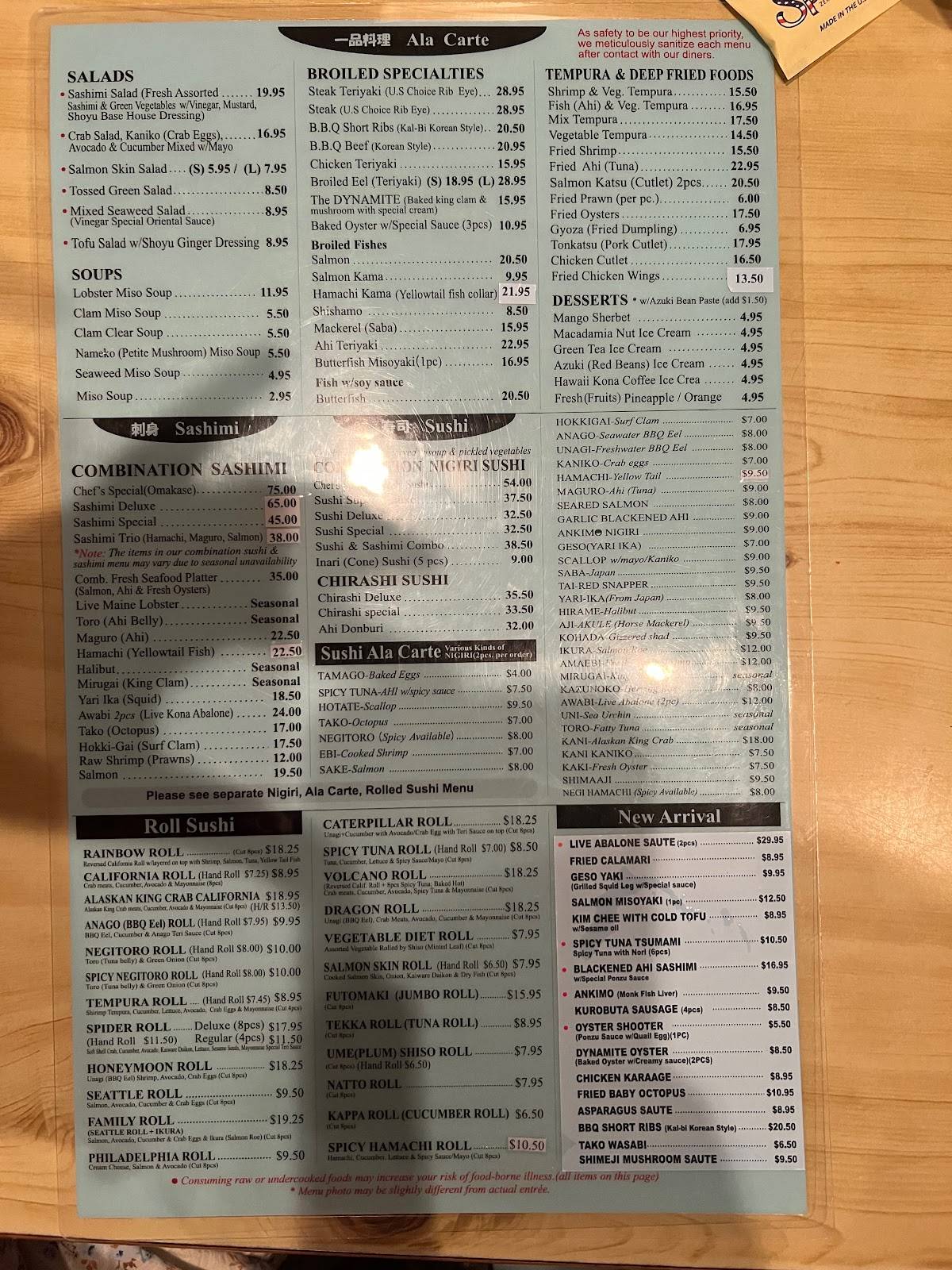 Menu at Yanagi Sushi restaurant, Honolulu
